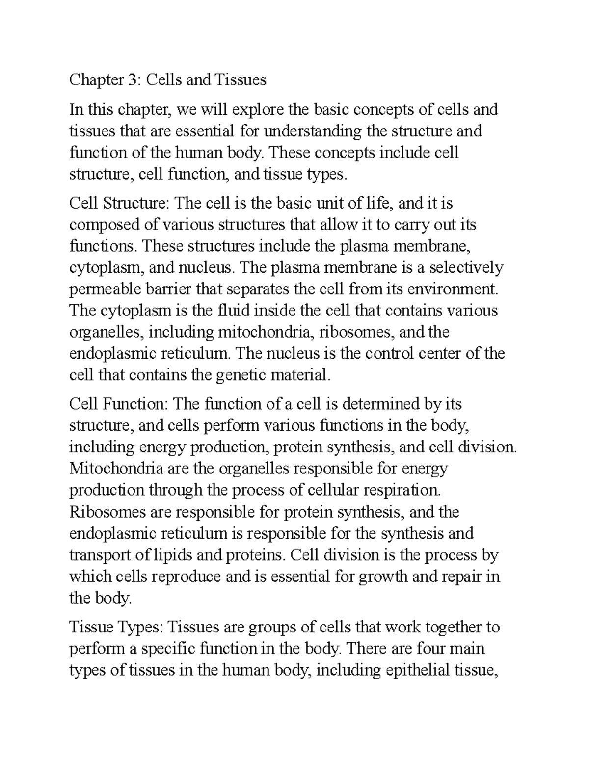 Anatomy and Physiology II BIOL 1693 3 - Chapter 3: Cells and Tissues In ...