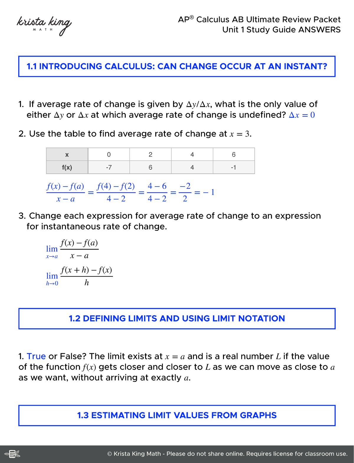 Unit 1 Study Guide - 1 INTRODUCING CALCULUS: CAN CHANGE OCCUR AT AN ...