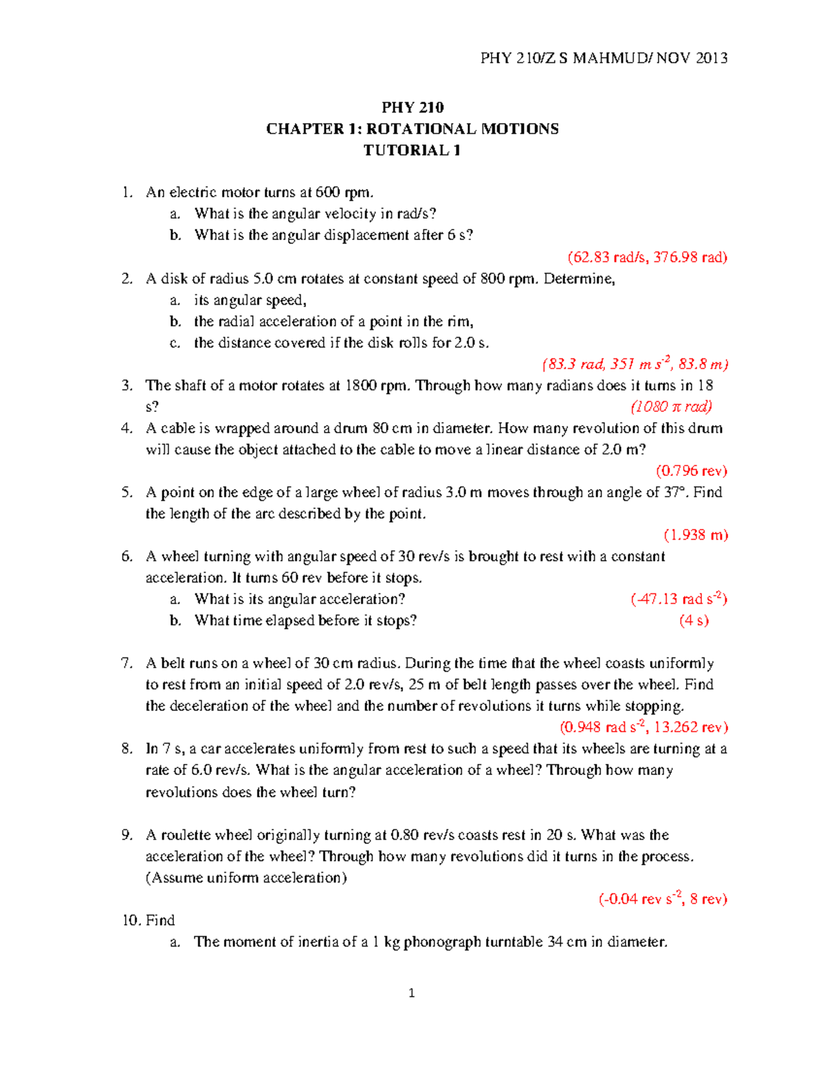 Tutorial PHY 210 - .... - PHY 210 CHAPTER 1: ROTATIONAL MOTIONS TUTORIAL 1 An electric motor ...