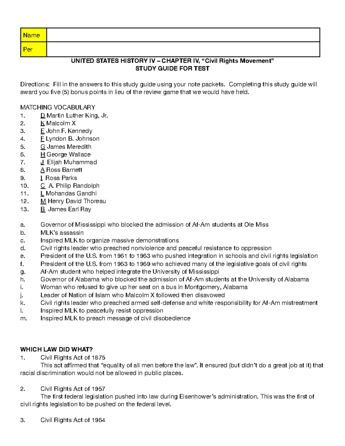 Civil Rights Movement - Name Per UNITED STATES HISTORY IV – CHAPTER IV ...