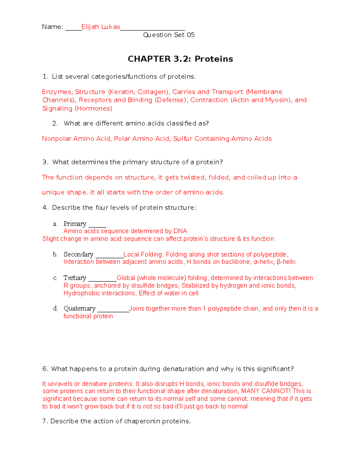Proteins Worksheet - Name: Elijah Lukas_______________ Question Set 05 ...