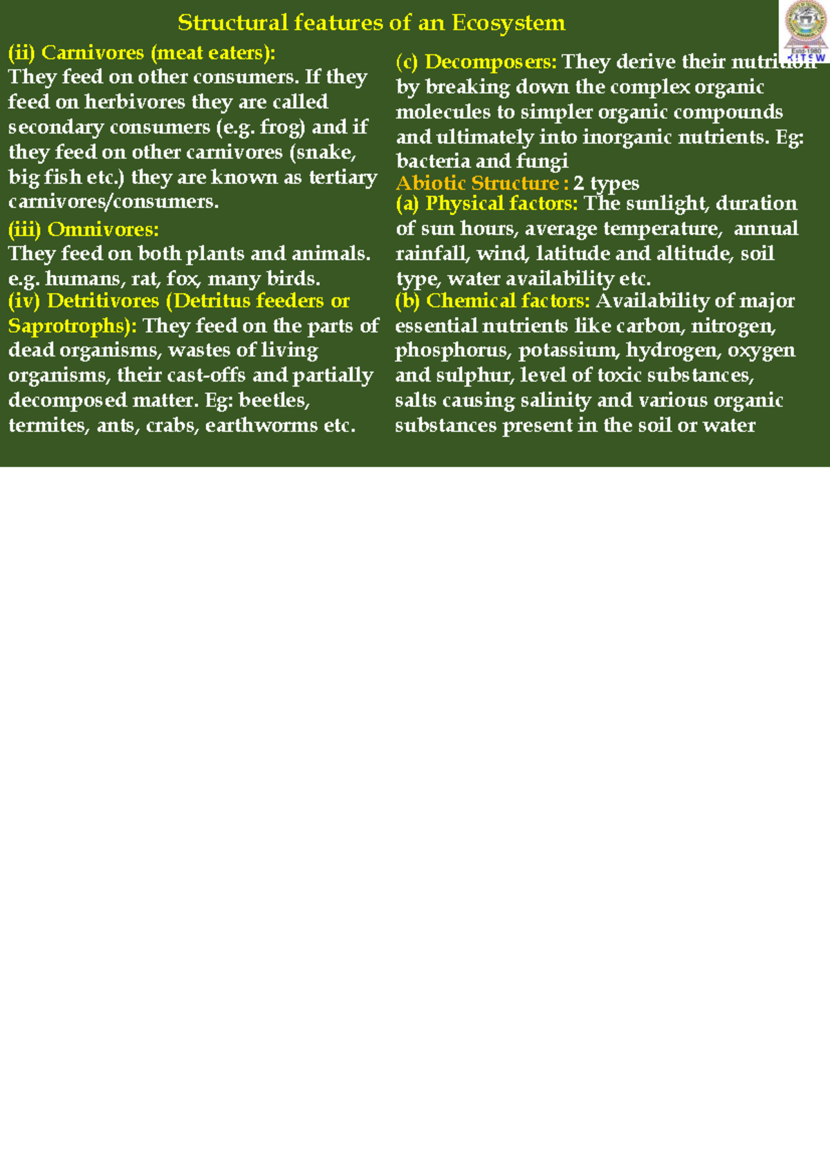 ES10 - Notes - Structural features of an Ecosystem (ii) Carnivores ...