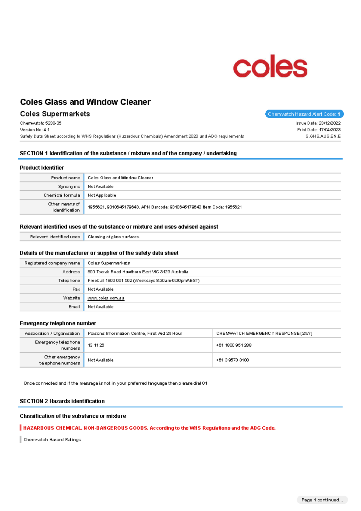 Glass cleaner spray - Coles Glass and Window Cleaner Coles Supermarkets ...