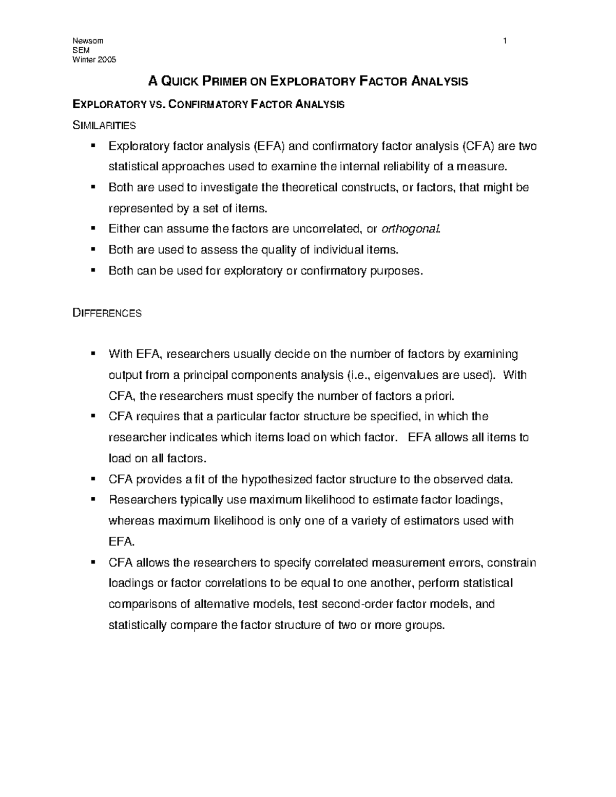 exploratory factor analysis introduction - Winter 2005 A QUICK PRIMER ...