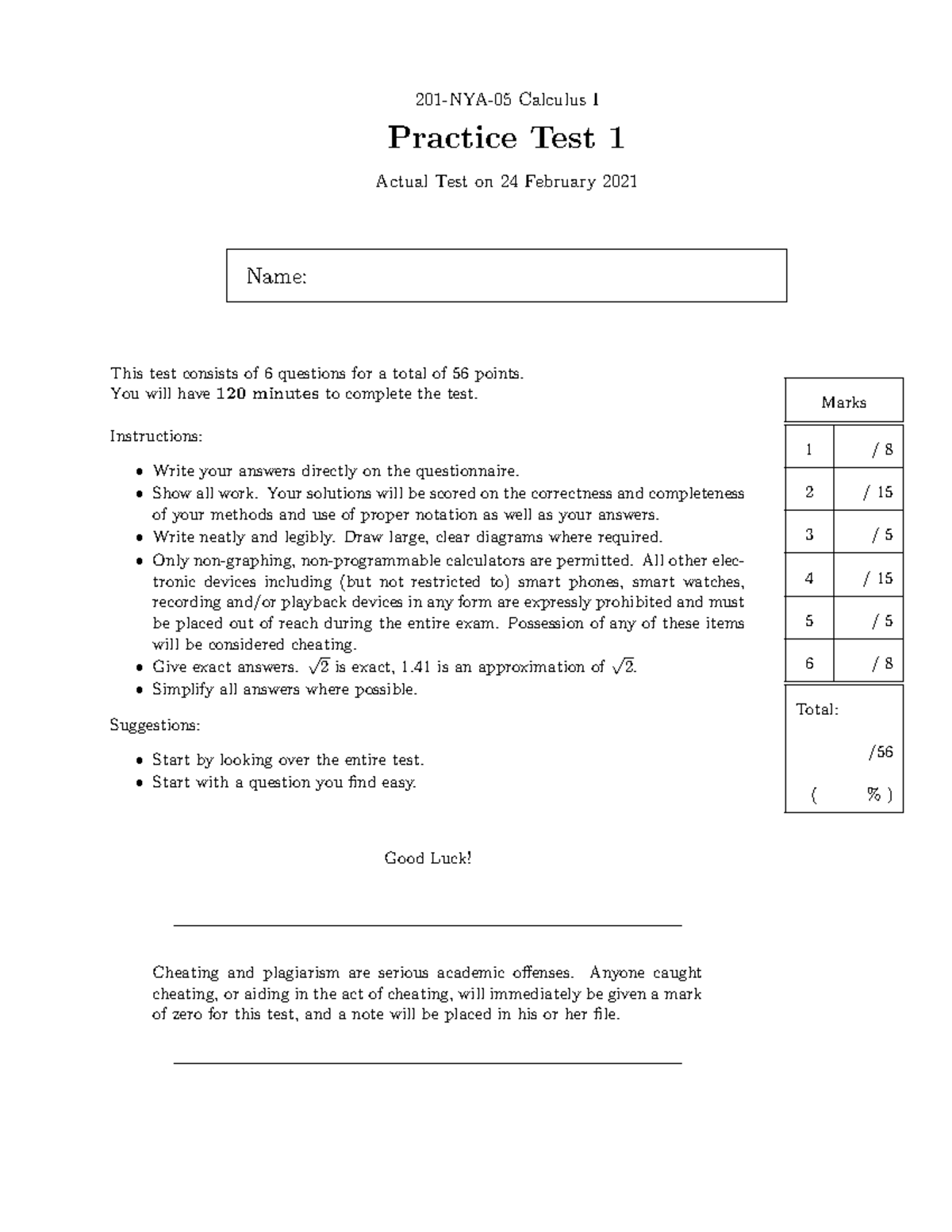W21 NYA practice test1 - 201-NYA-05 Calculus I Practice Test 1 Actual ...