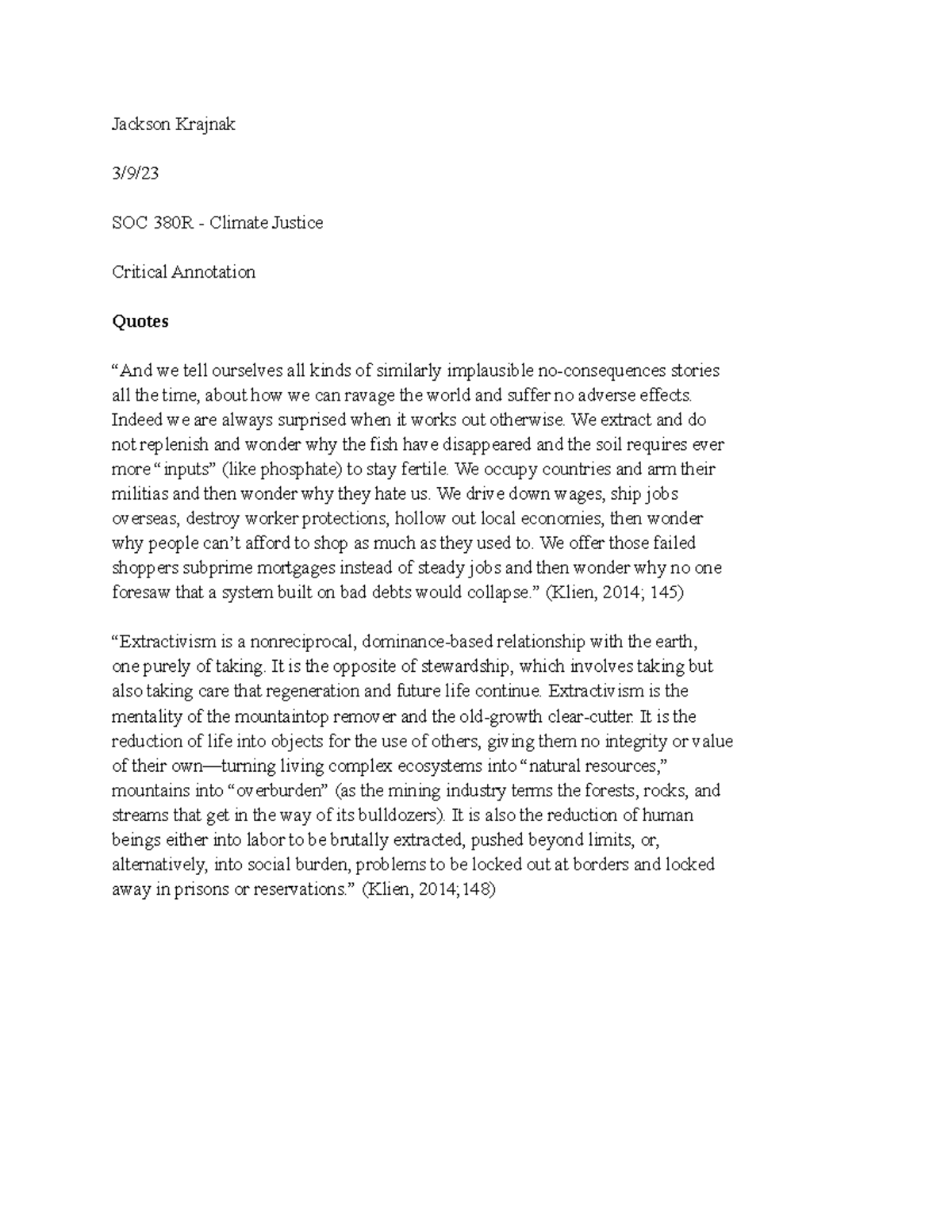 Critical Annotation HW #6 - Jackson Krajnak 3/9/ SOC 380R - Climate ...