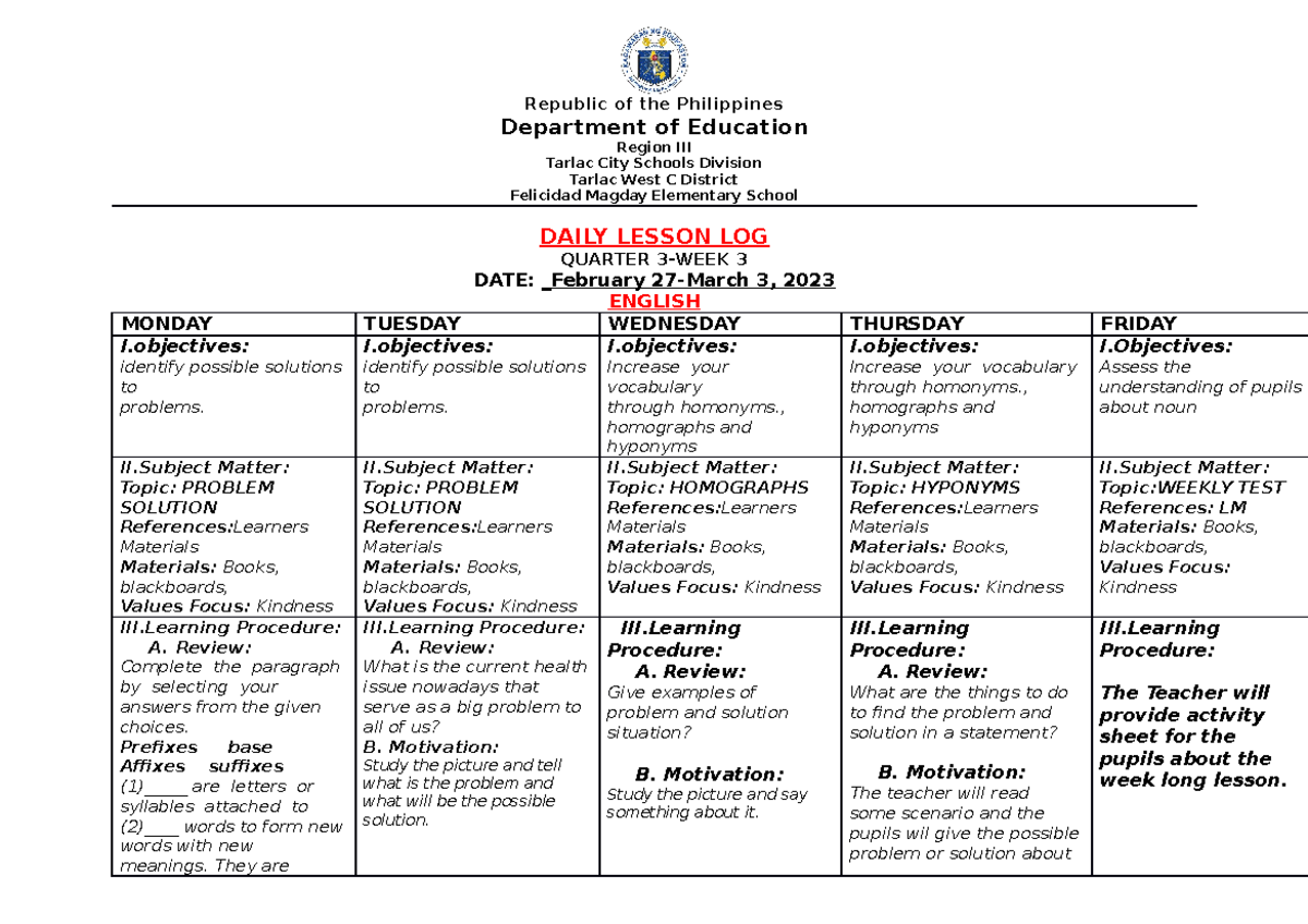 DLL-Q3-WEEK3 - grade 3 dll - Republic of the Philippines Department of ...