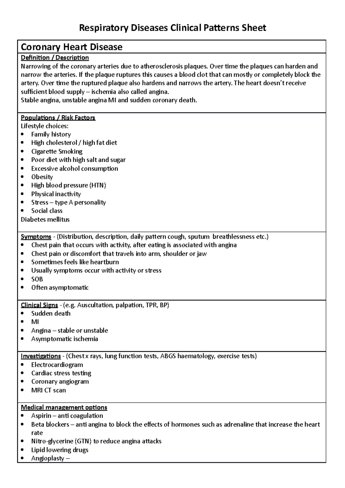 Coronary Heart Disease - Respiratory Diseases Clinical Patterns Sheet ...