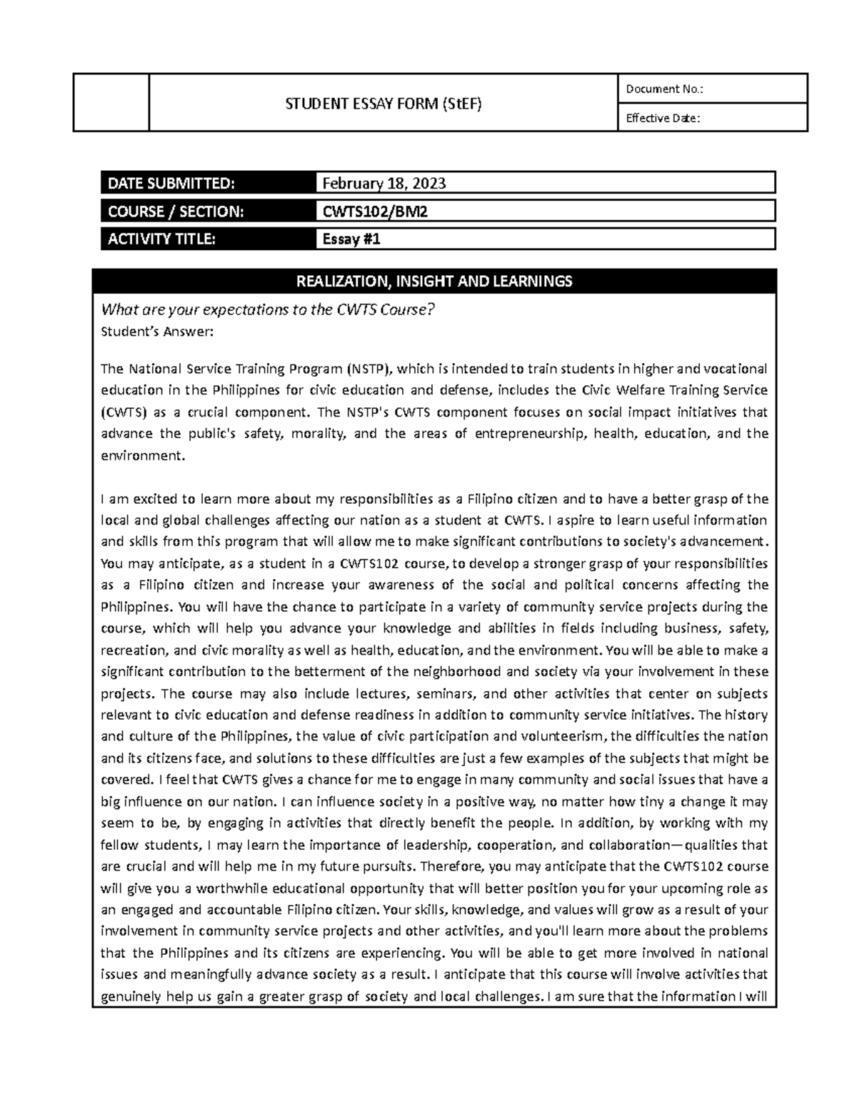 BM2- CWTS102 Essay #1 - STUDENT ESSAY FORM (StEF) Document No ...