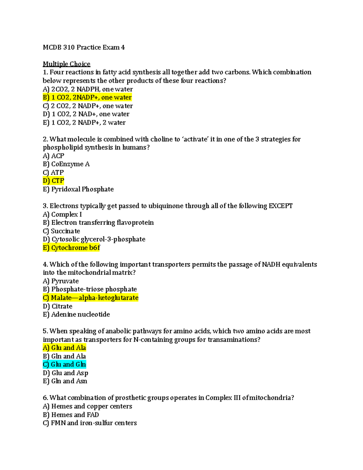 Practice exam 4 (with key) - MCDB 310 Practice Exam 4 Multiple Choice Four reactions in fatty ...