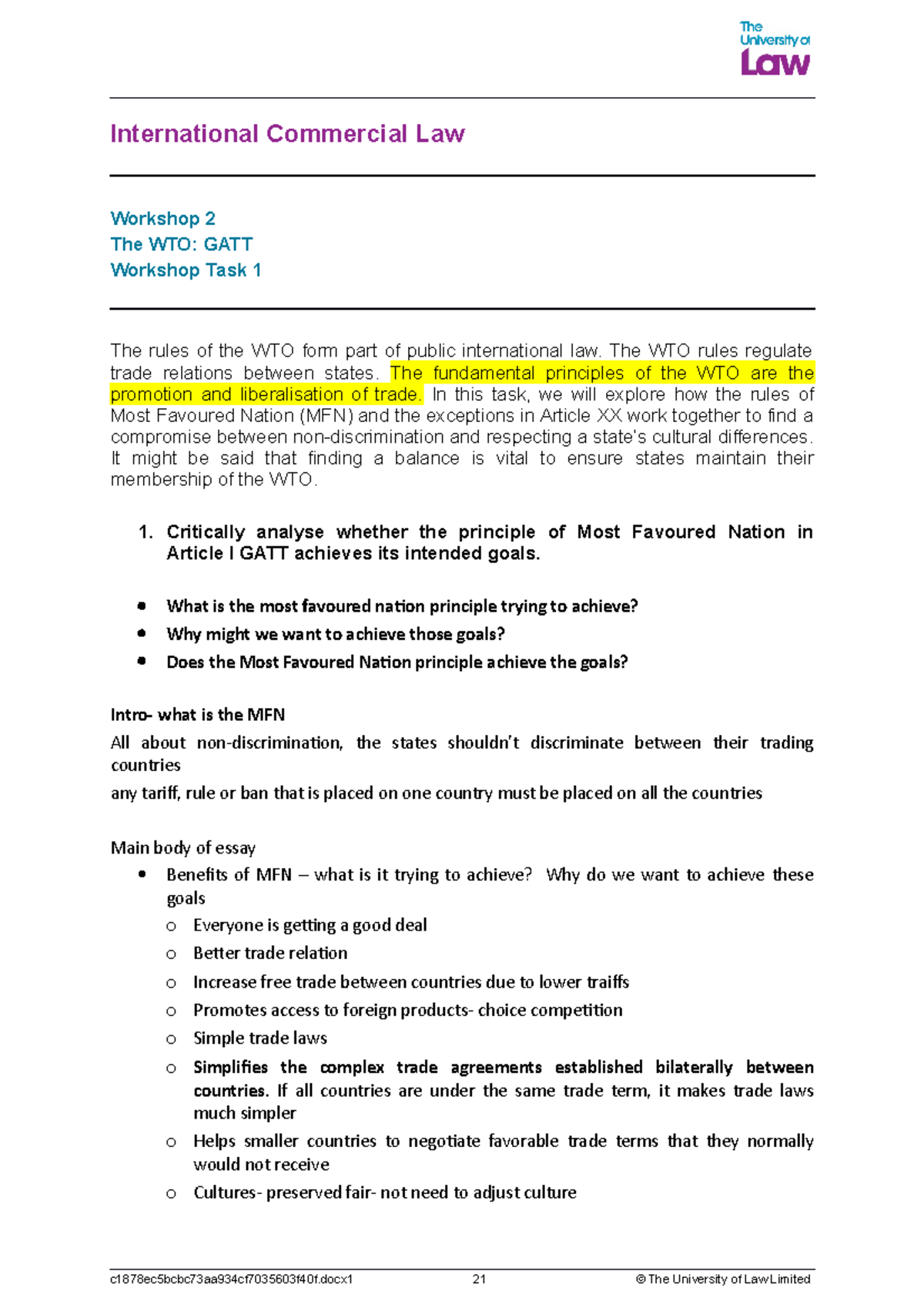 WS 2 Task 1 - Workshop 2 Task 1 - International Commercial Law Workshop 2 The WTO: GATT Workshop ...