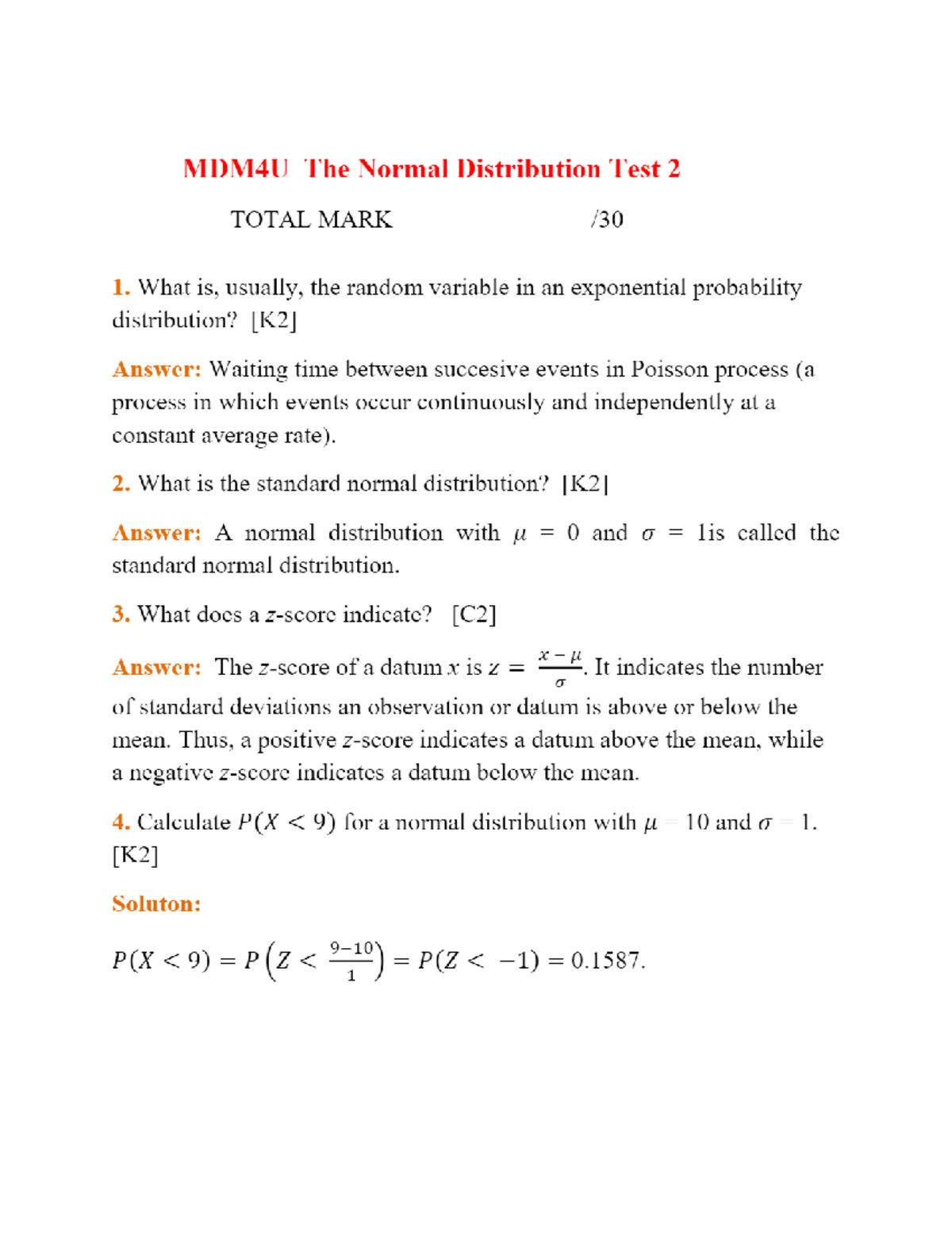 MDM4U The Normal Distribution Test 2 - statistic - Studocu