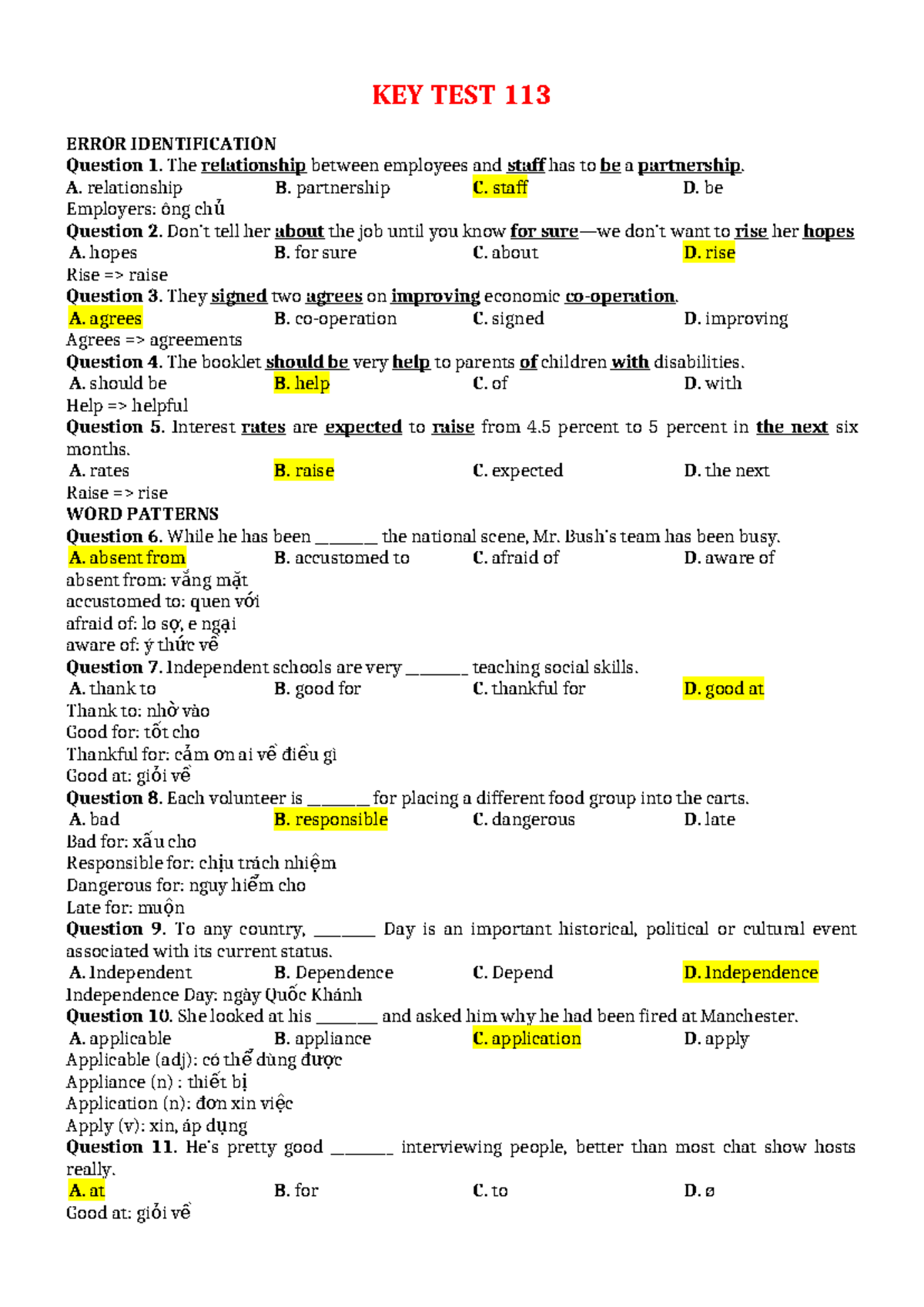 KEY TEST 113 - LLL - KEY TEST 113 ERROR IDENTIFICATION Question 1. The ...