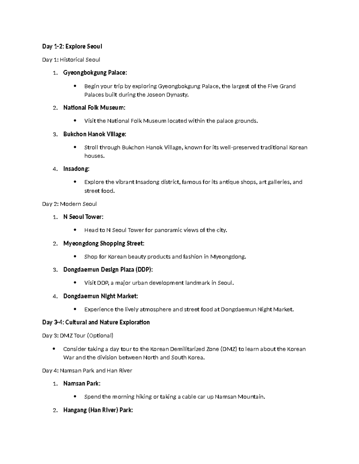 Day 1 and 3 South korea - assigment - Day 1-2: Explore Seoul Day 1 ...