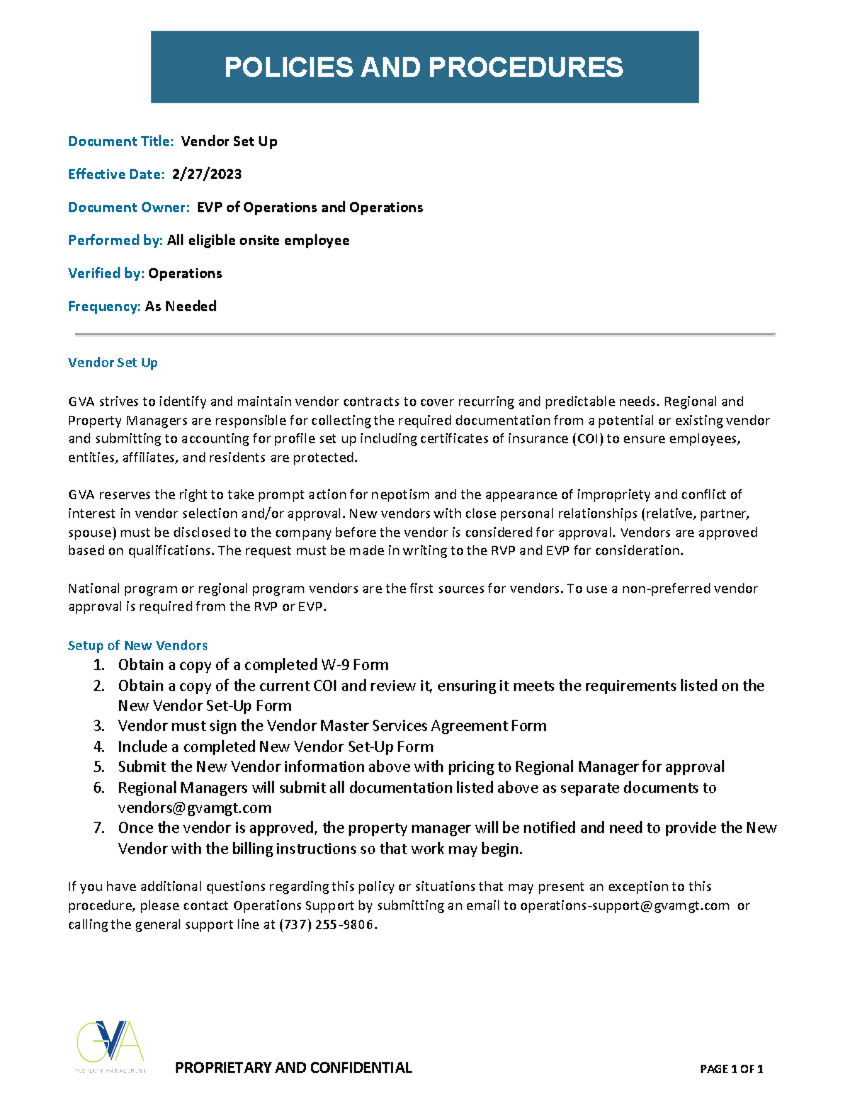 GVA Vendor Set Up Policy - POLICIES AND PROCEDURES PROPRIETARY AND CONFIDENTIAL PAGE 1 OF 1 ...