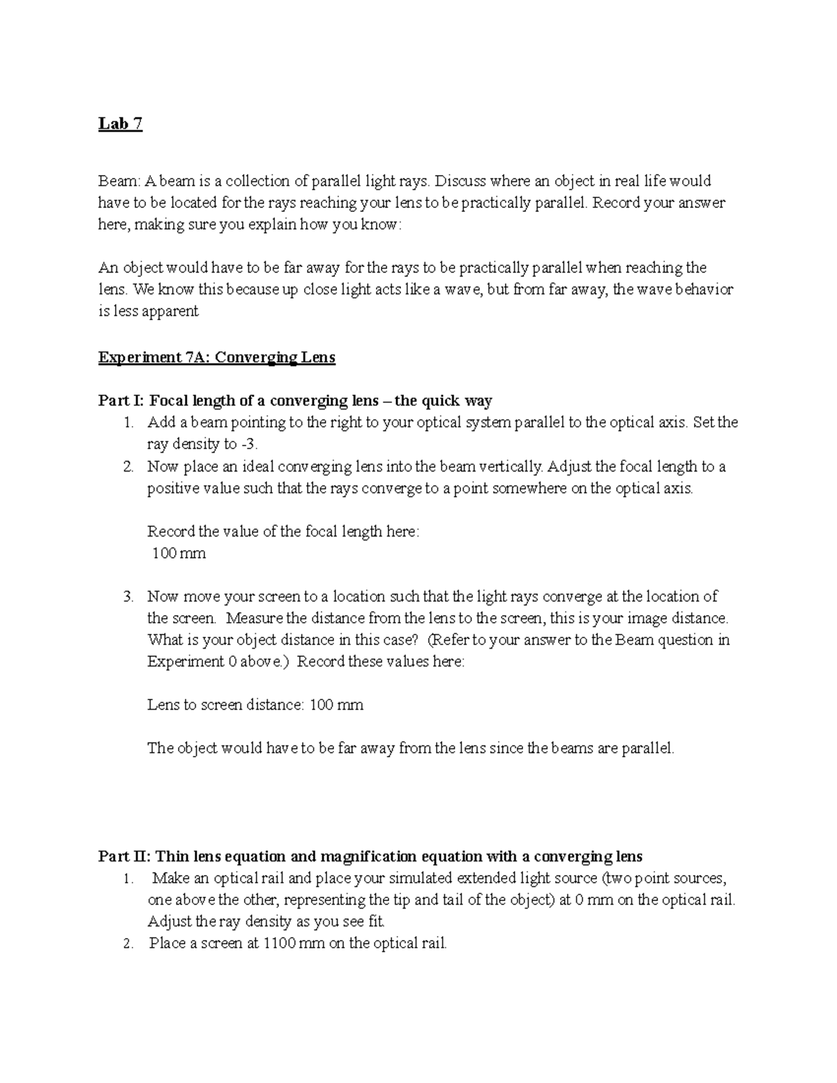 Phys 132 Lab #7 - Professor Tatiana Kuriabova Lab #7: Converging lenses - Lab 7 Beam: A beam is ...