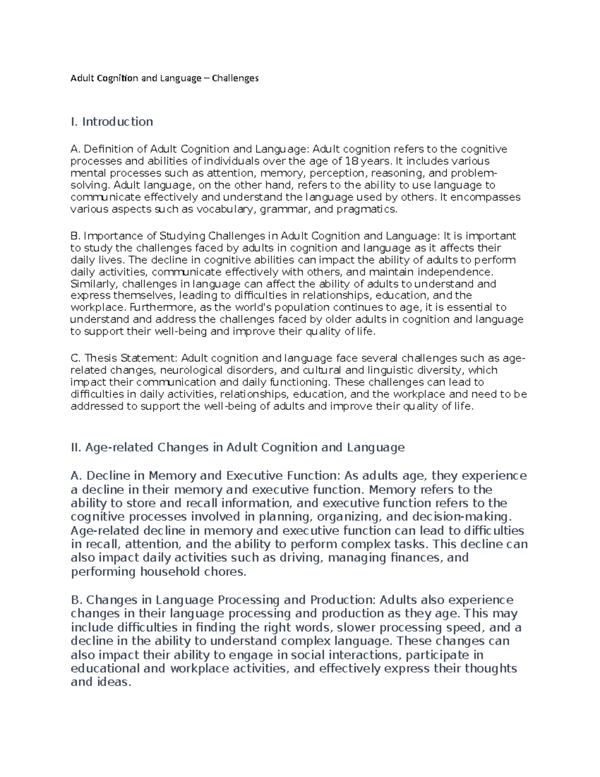 Adult Cognition and Language – Challenges - Introduction A. Definition ...