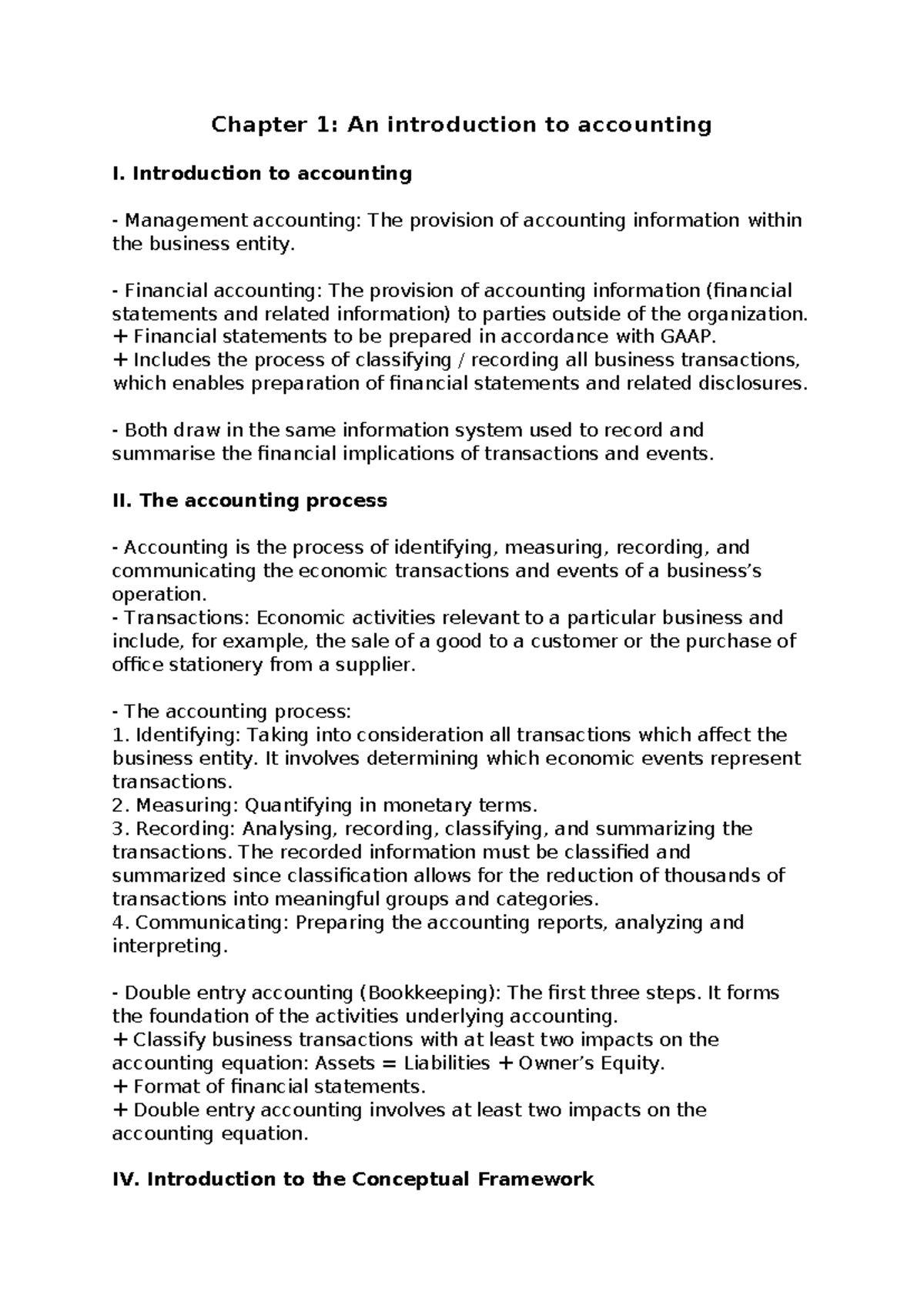 Acct week 1 - Chapter 1: An introduction to accounting I. Introduction ...