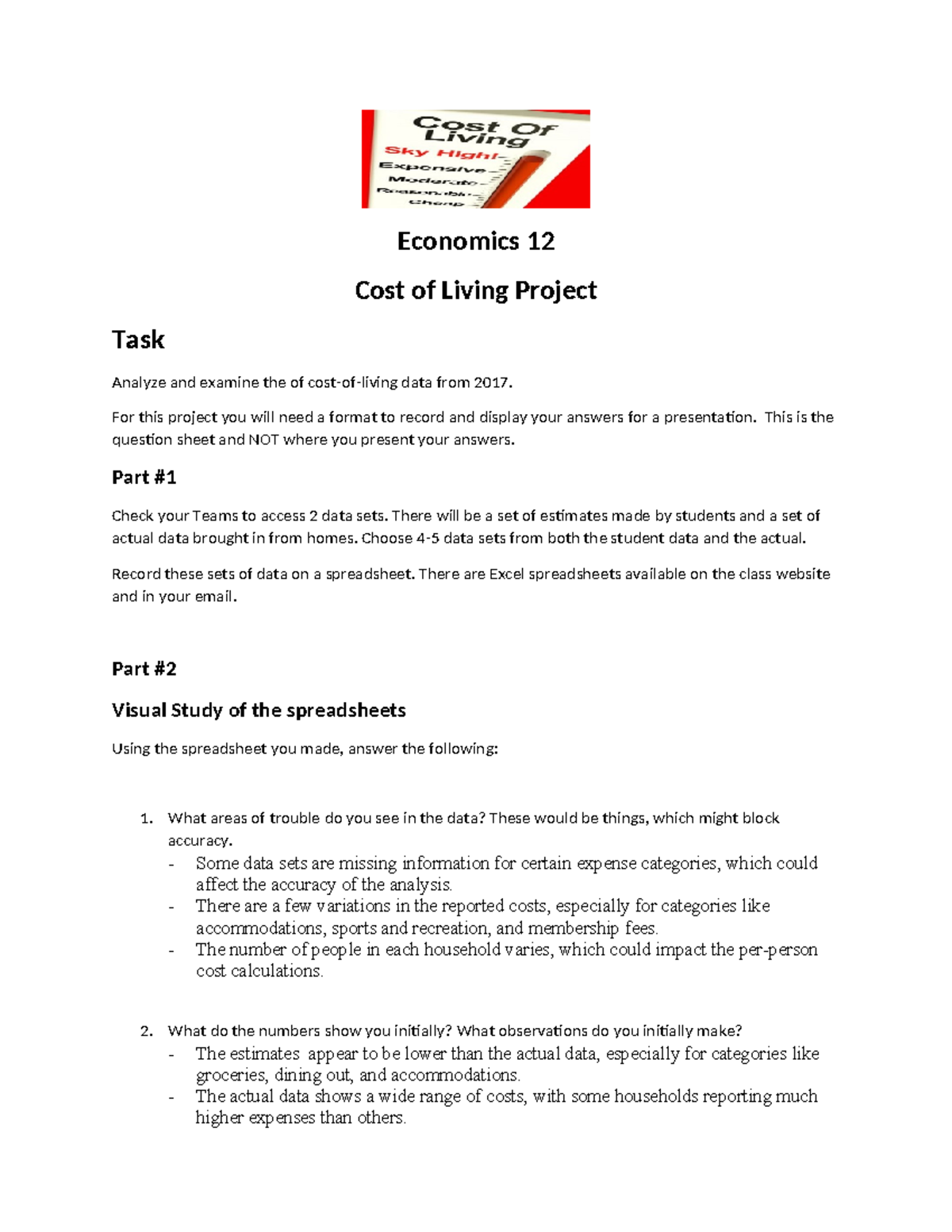 Economics 12 - Cost of Living Project 2024 - Economics 12 Cost of ...