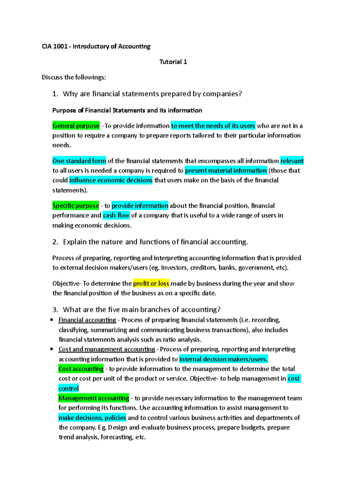 Tutorial 1 Answer - CIA 1001 - Introductory of Accounting Tutorial 1 ...