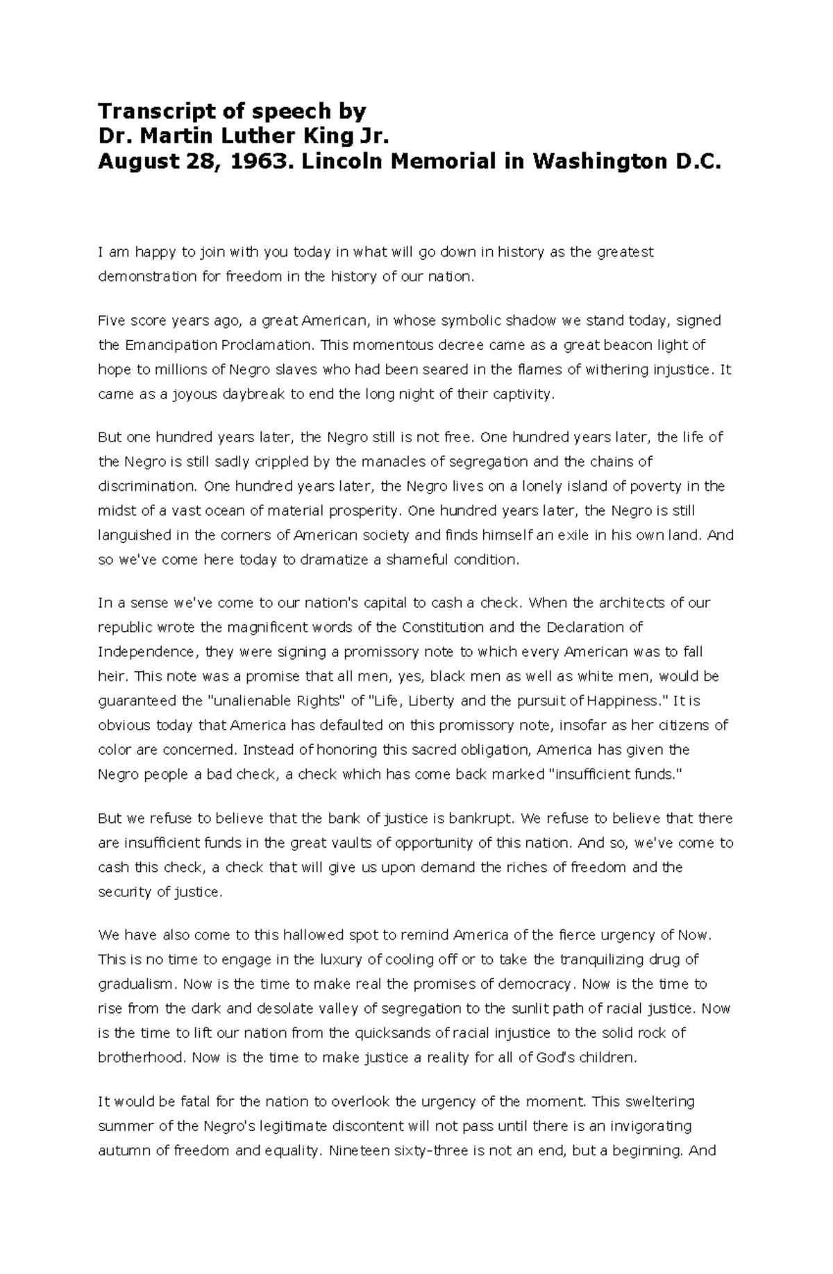 I Have a Dream Speech Transcript - Transcript of speech by Dr. Martin ...