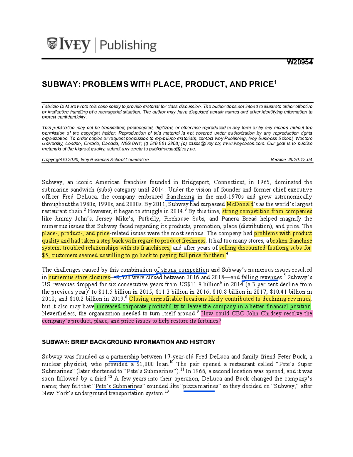 Case 5 Subway- Problems with Place, Product, and Price - W SUBWAY ...