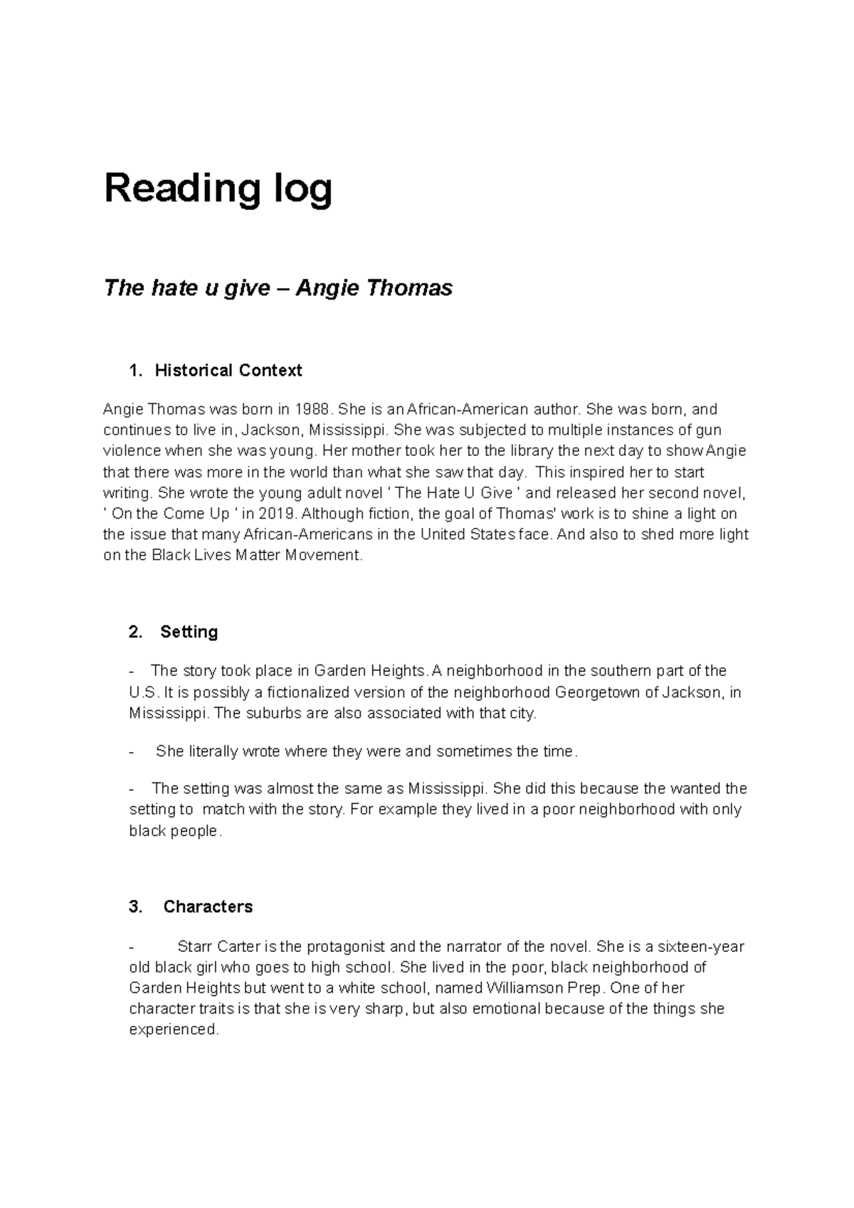 Engels Reading Log - Reading log The hate u give – Angie Thomas 1 ...