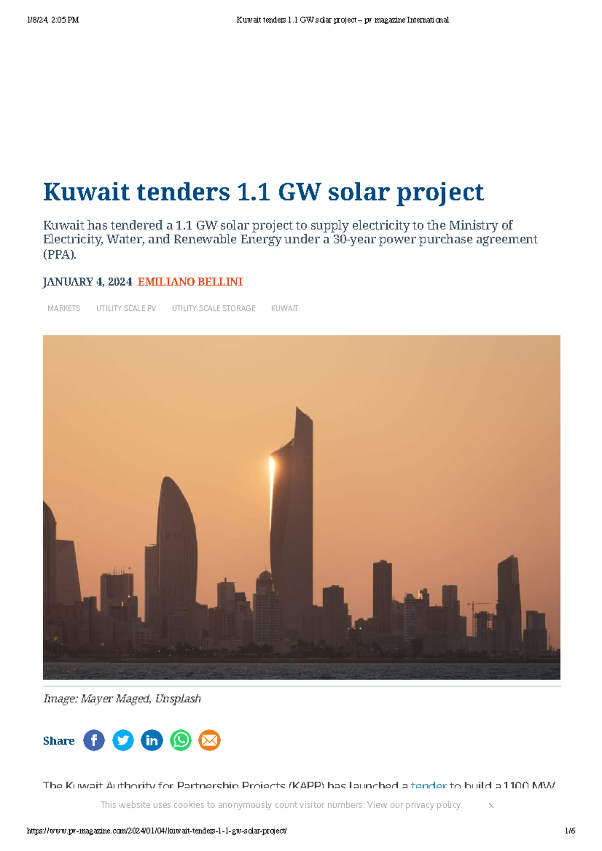 Kuwait tenders 1.1 GW solar project – pv magazine International ...