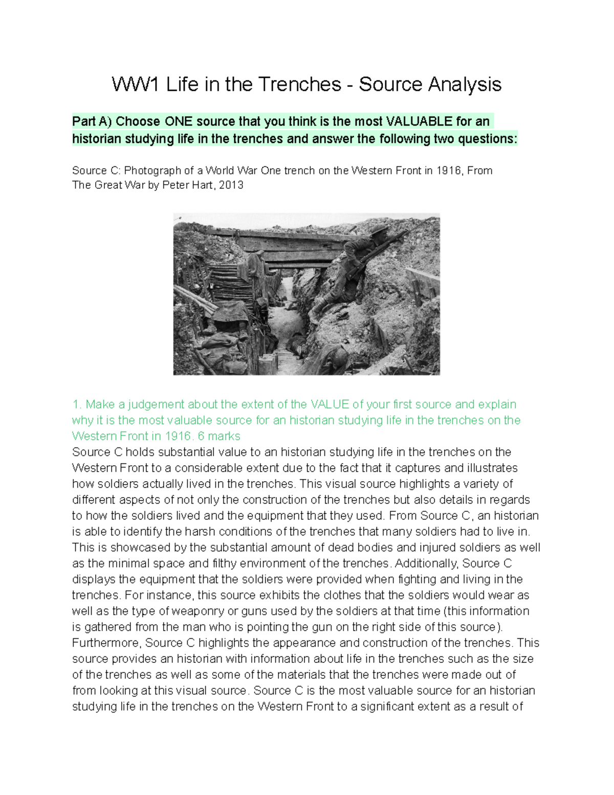 Yr 9 WW1 Source Analysis Assessment - WW1 Life in the Trenches - Source ...