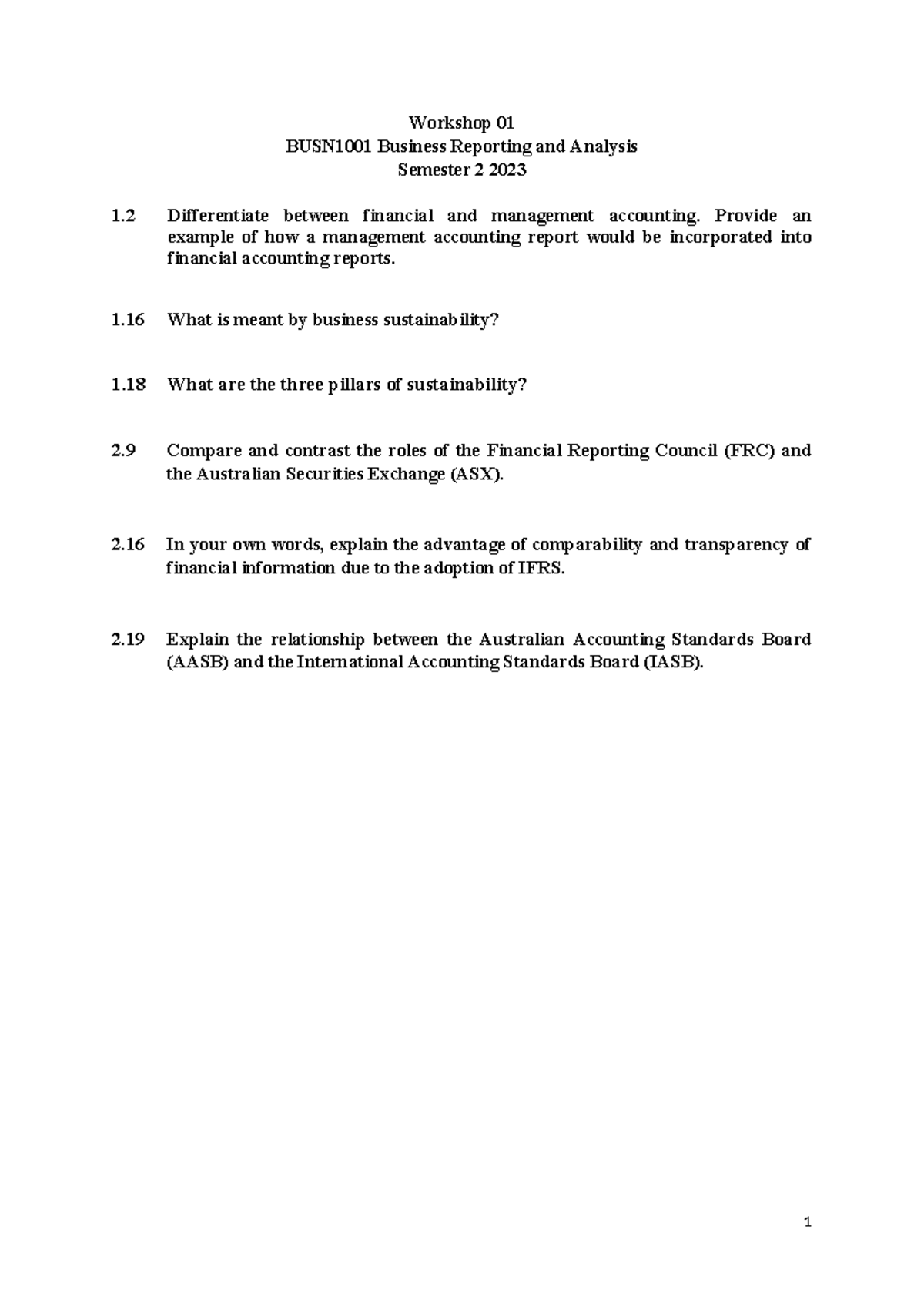 Workshop 01 question - practice - Workshop 01 BUSN1001 Business ...