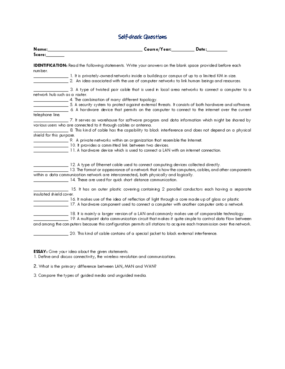 Learning Activity 5 - NOITES - Self-check Questions Name