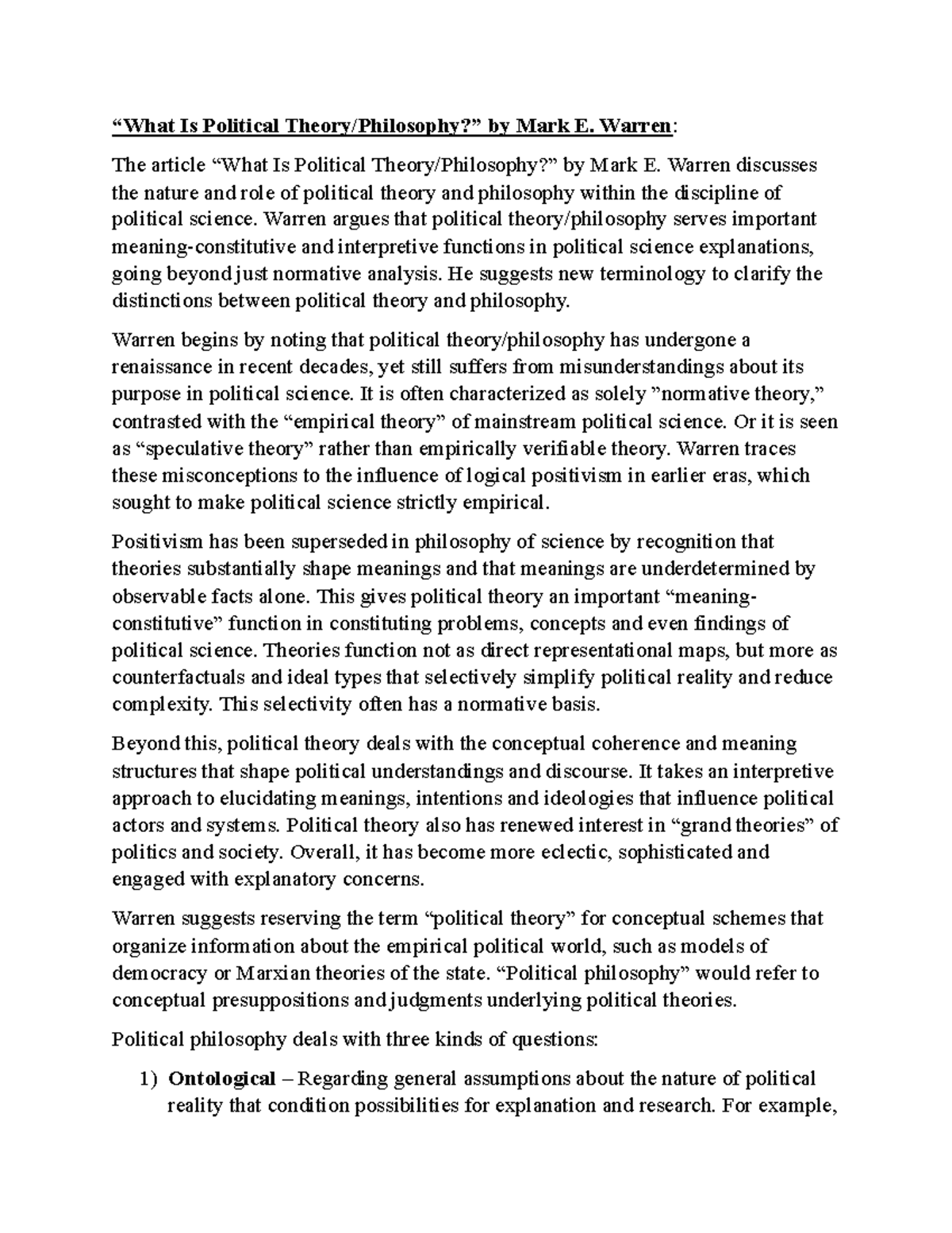 Political theory notes - “What Is Political Theory/Philosophy?” by Mark ...