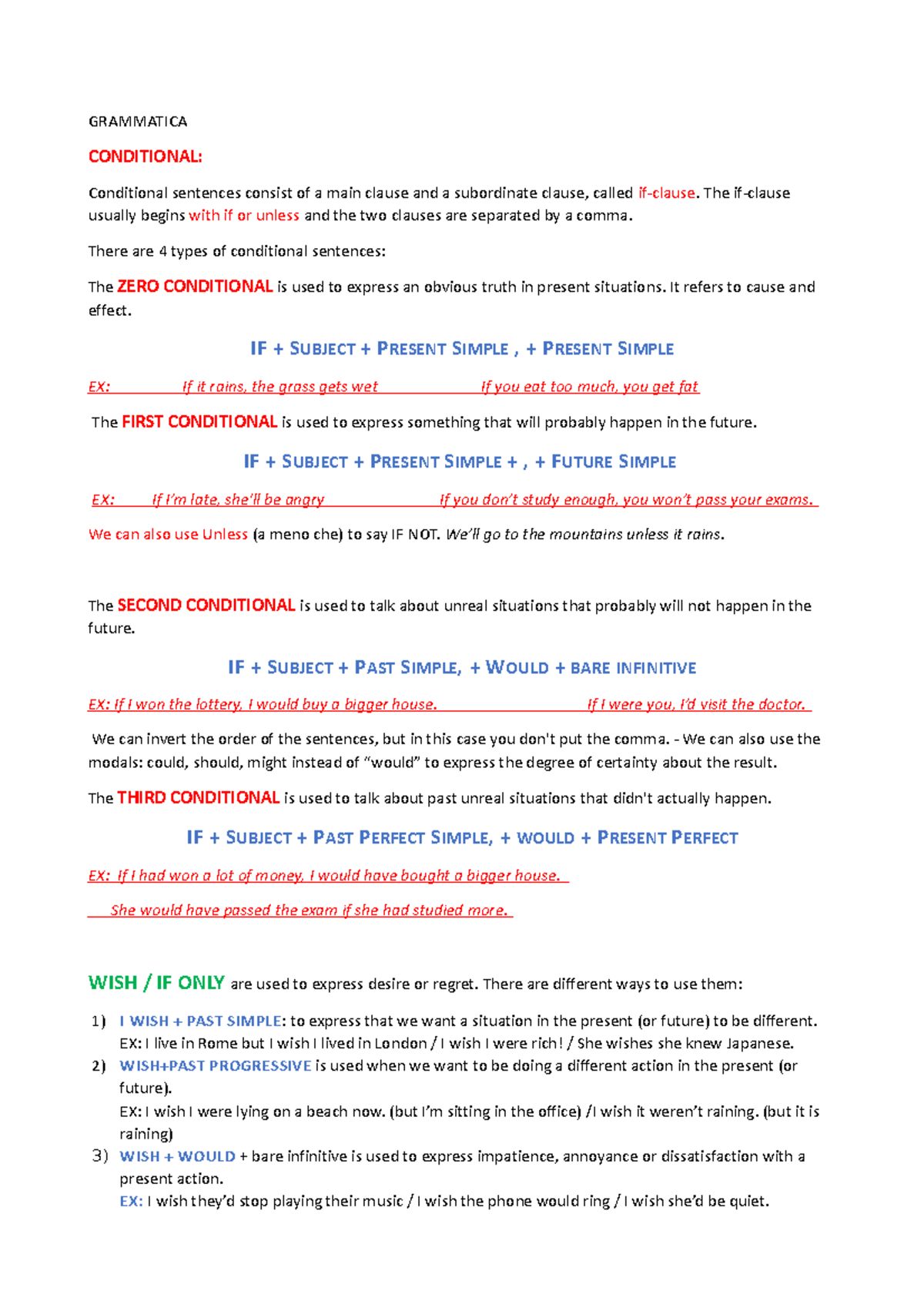 Grammatica - appunti inglese - GRAMMATICA CONDITIONAL: Conditional sentences consist of a main ...