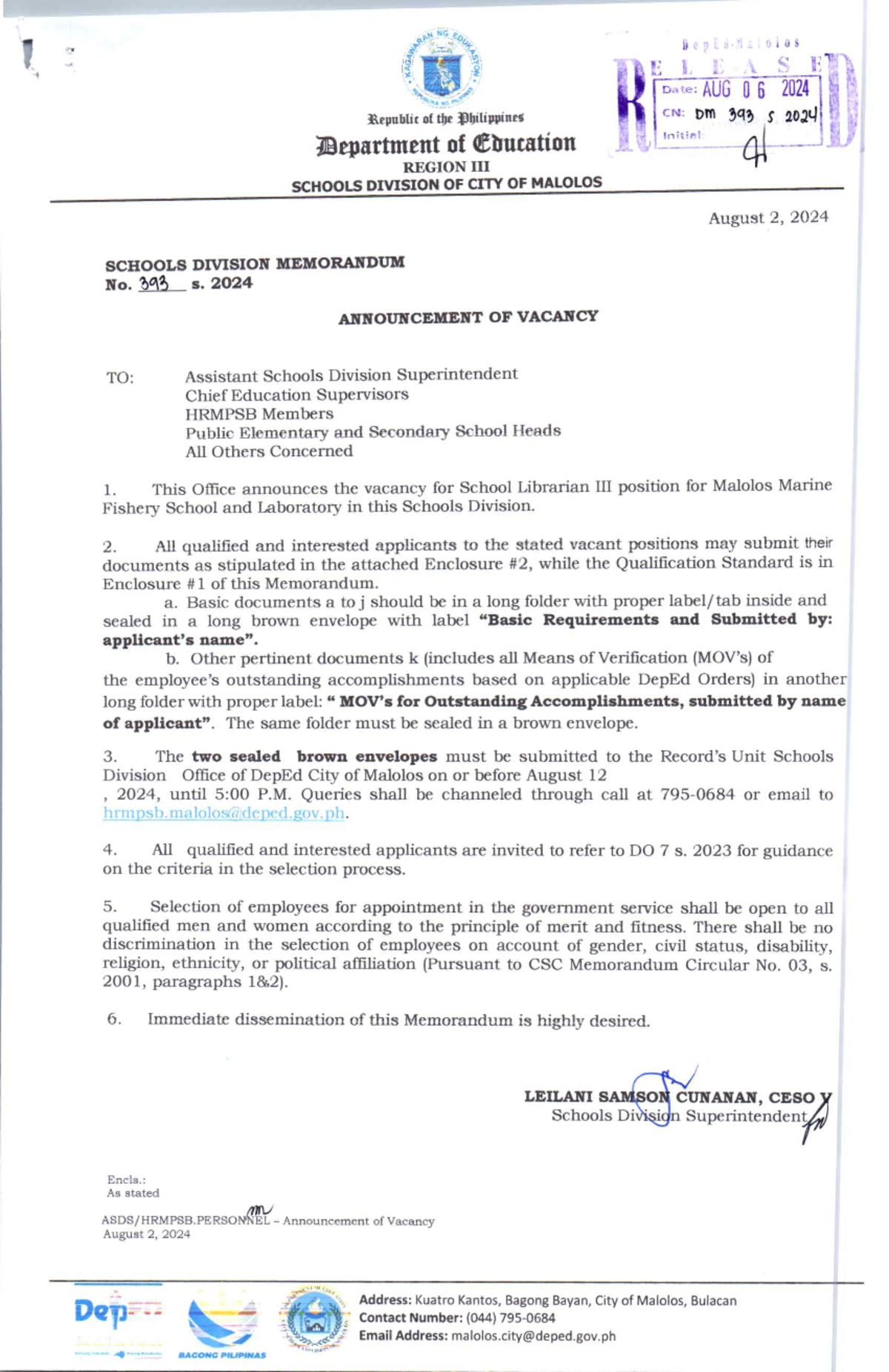 DM 393 s 2024 Announcement of Vacancy - NG 6 THE L E A S E Republic of the Philippines R Date ...