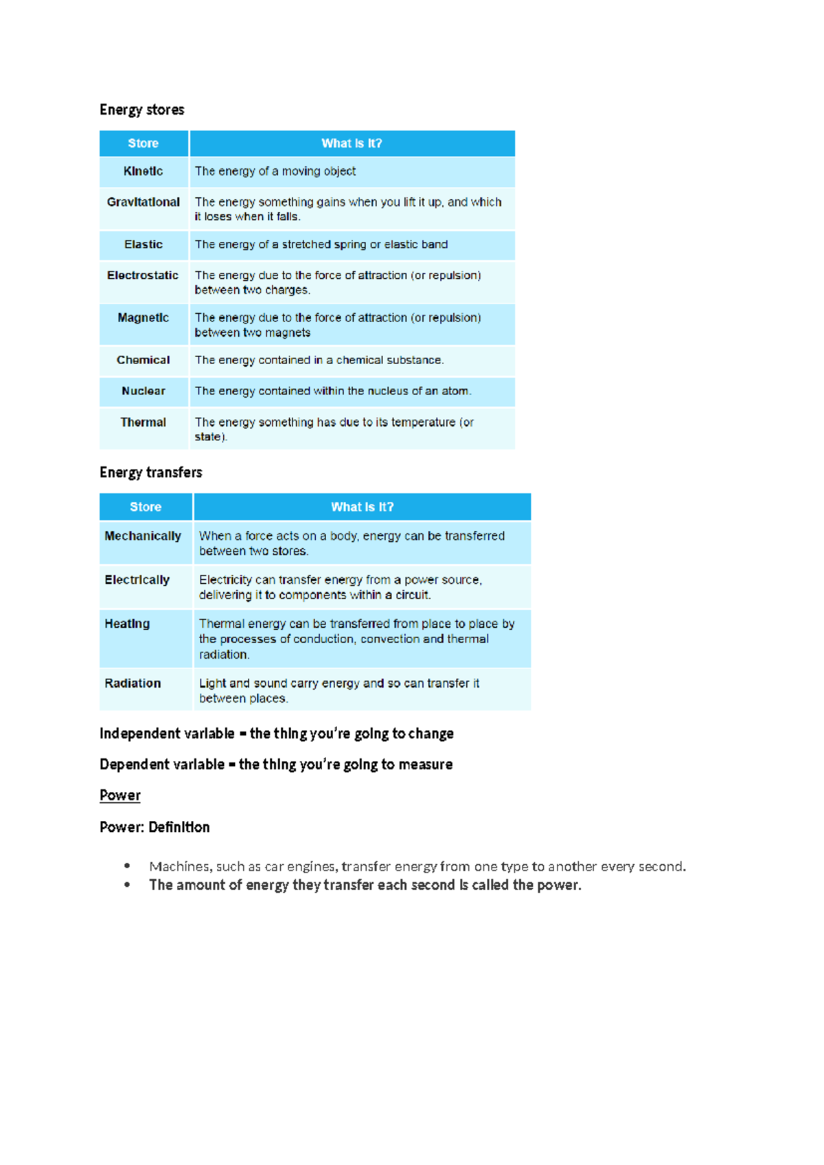 Physics paper 1 - Notes - Energy stores Energy transfers Independent ...