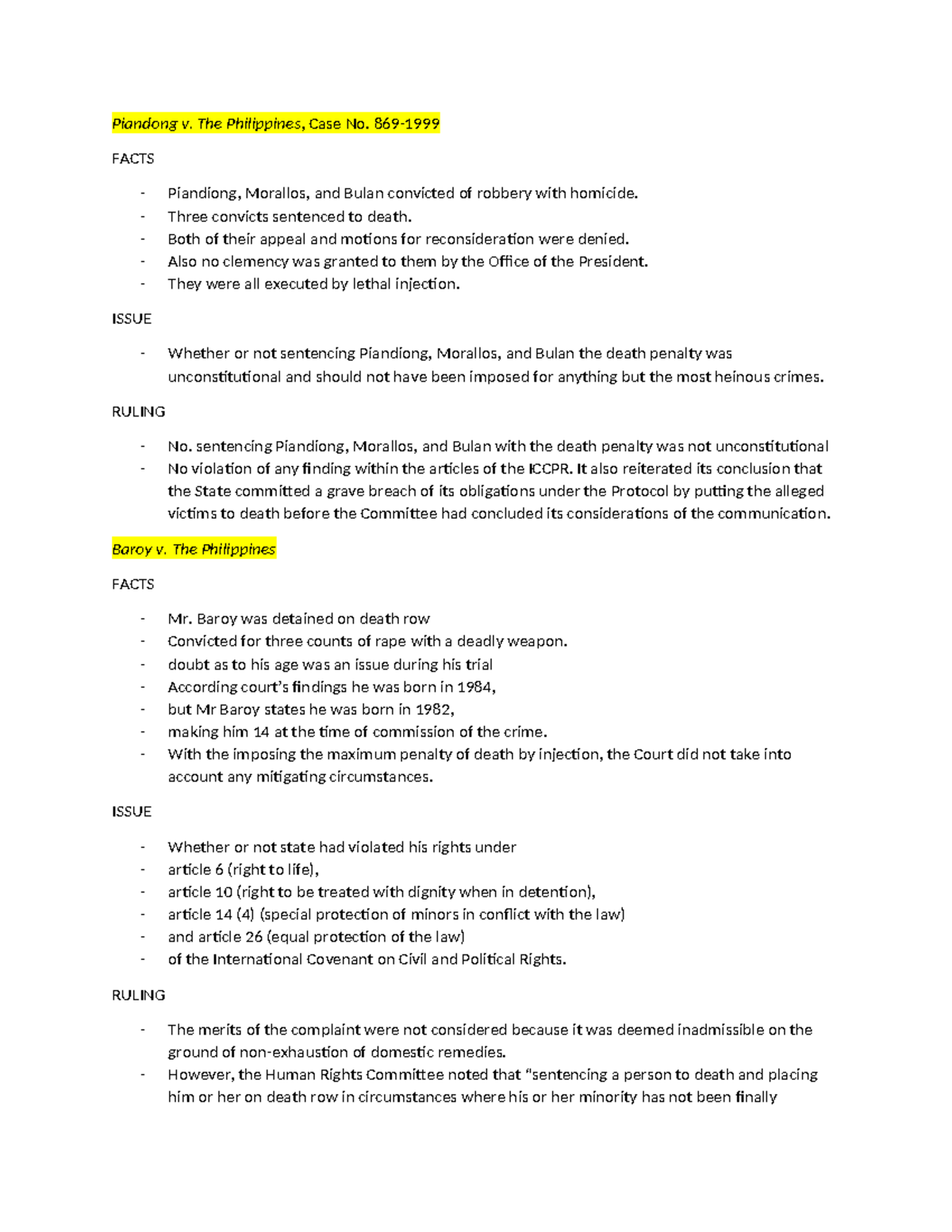Human Rights cases - Piandong v. The Philippines, Case No. 869- FACTS ...