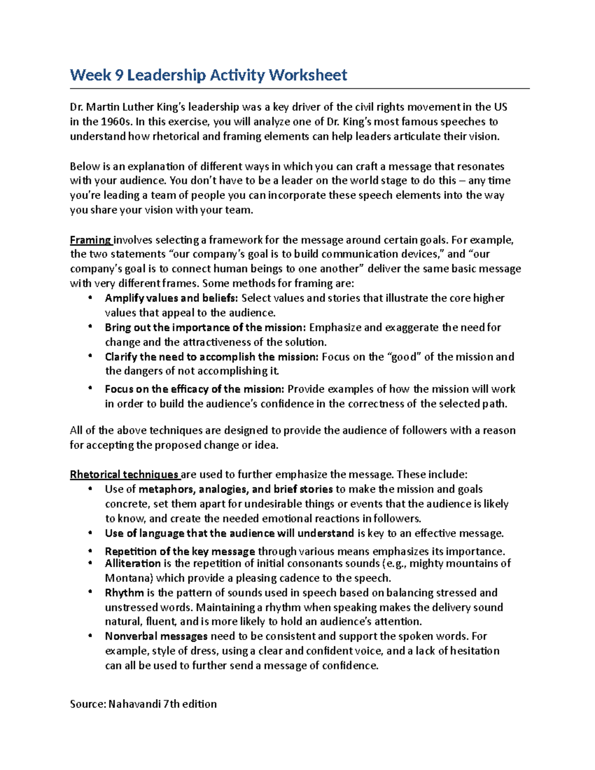 Week Nine Leadership Activity - Week 9 Leadership Ac 0 vity Worksheet ...