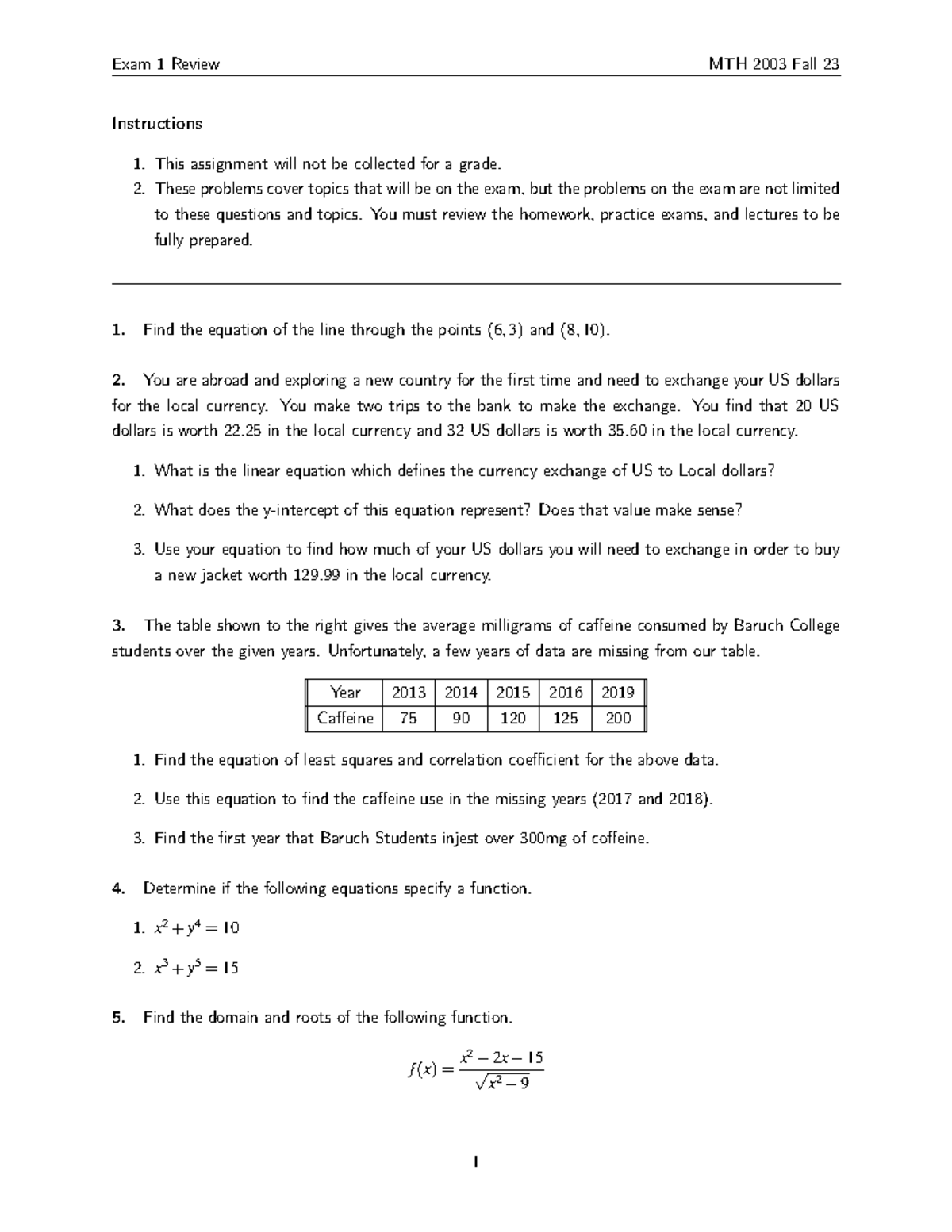 MTH 2003 Exam 1 Review - Exam 1 Review MTH 2003 Fall 23 Instructions This assignment will not be ...
