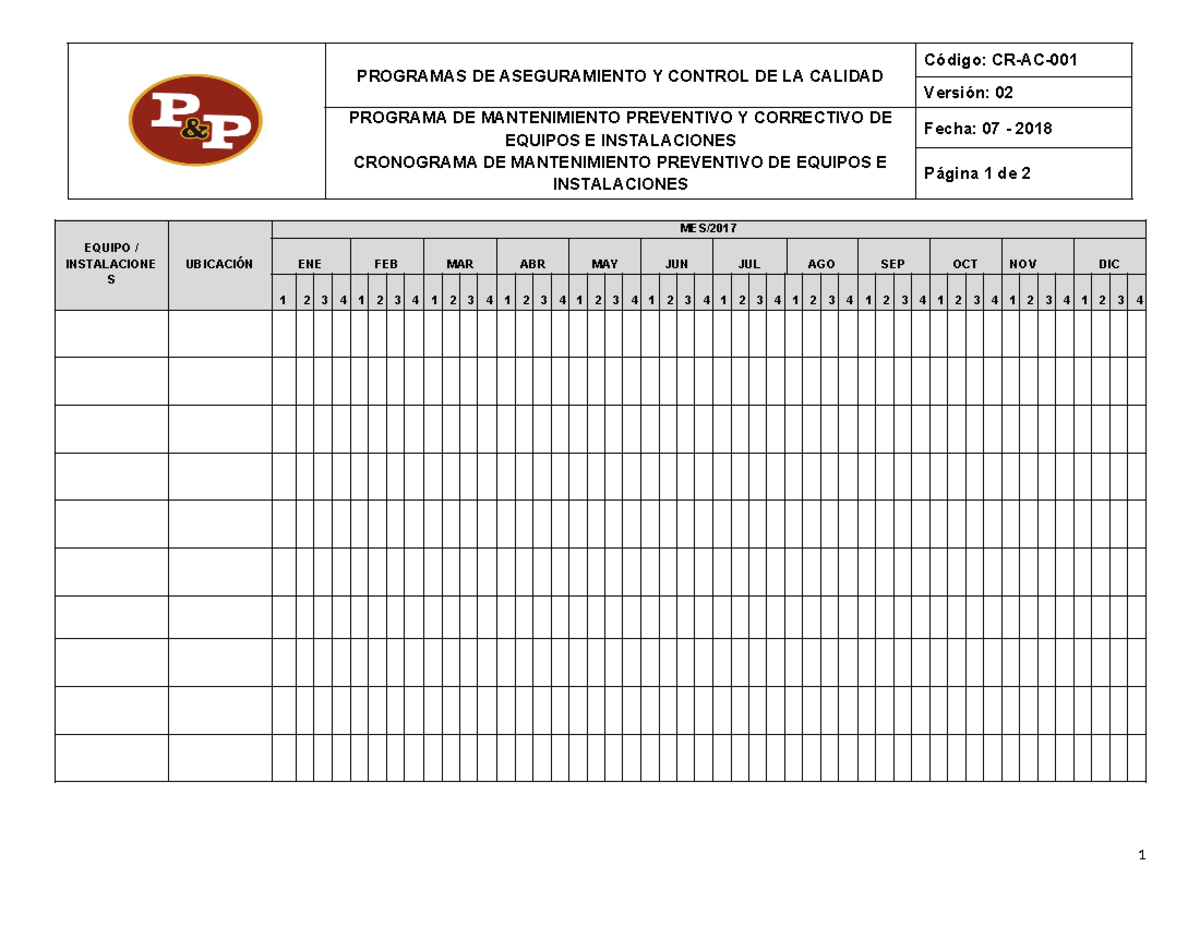 Anexo 2 Cronograma De Mantenimiento Preventivo De Equipos E