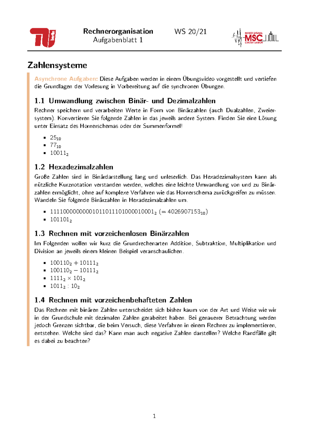01 zahlensysteme - Rechnerorganisation Aufgabenblatt 1 WS 20/ Zahlensysteme Asynchrone Aufgaben ...