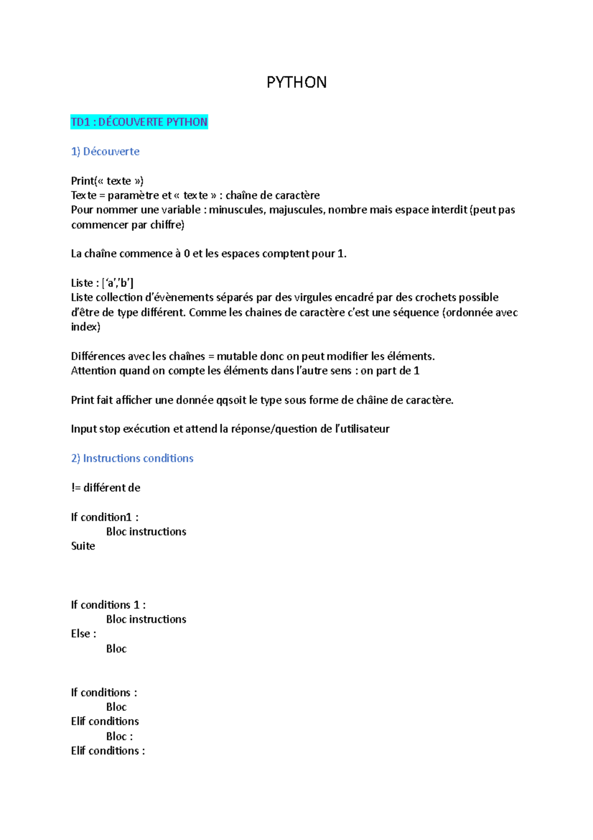 prise de note cours python - PYTHON TD1 : DÉCOUVERTE PYTHON Découverte ...