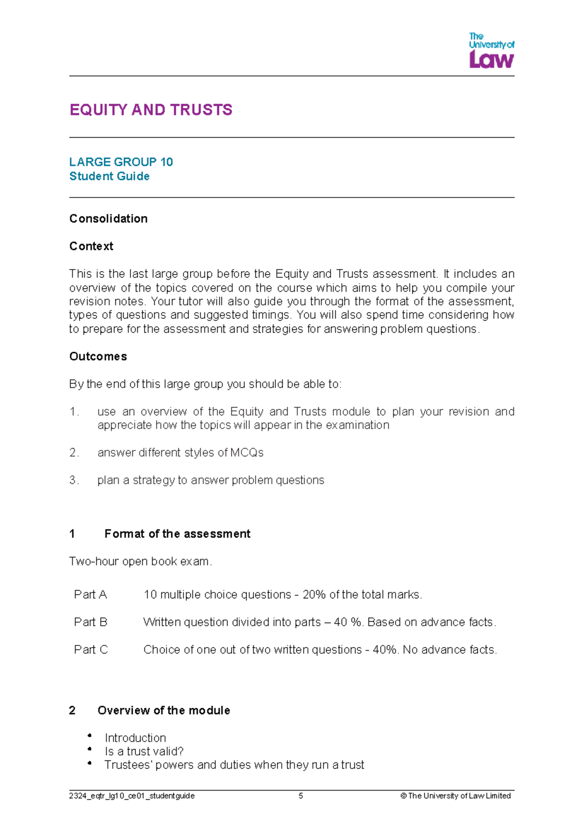 Equity and trust s.10 print - EQUITY AND TRUSTS LARGE GROUP 10 Student Guide Consolidation ...