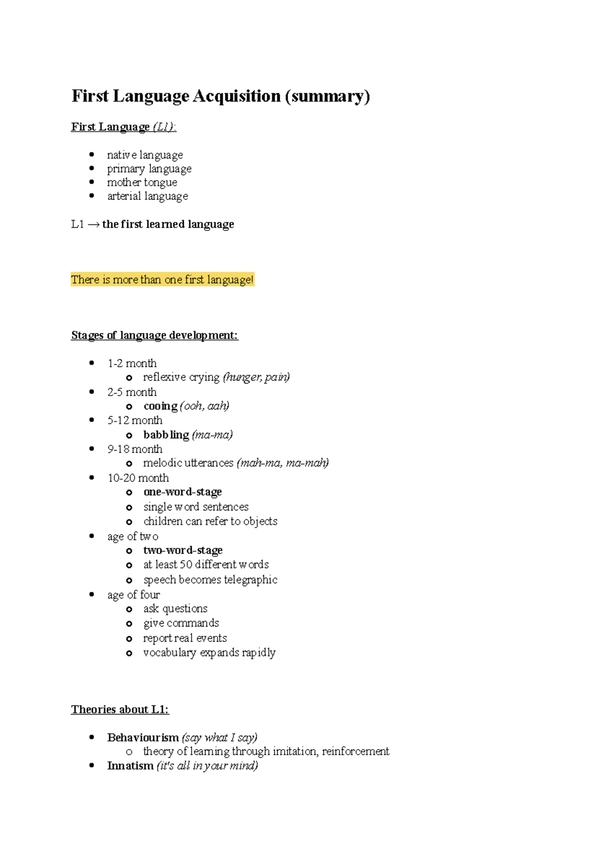 First Language Acquisition - Introduction to studying English - Studocu