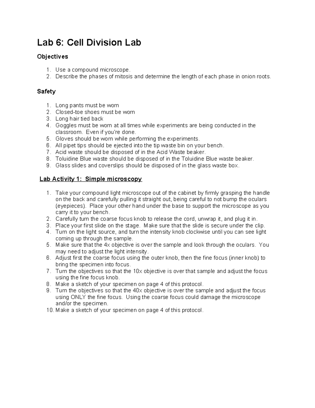 Cell Division Protocoland Datasheet v2 - Lab 6: Cell Division Lab Objectives 1. Use a compound ...