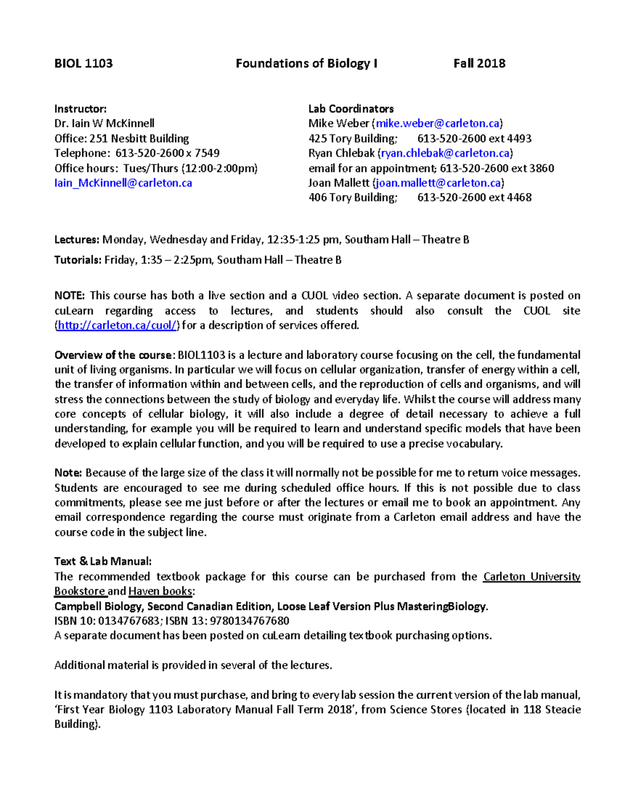 Course Syllabus – BIOL1103 Foundations of Biology I - 2018 - BIOL 11 03 ...