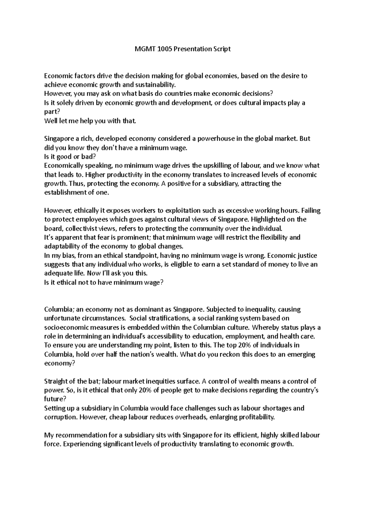 MGMT 1005 Presentation Script - MGMT 1005 Presentation Script Economic ...