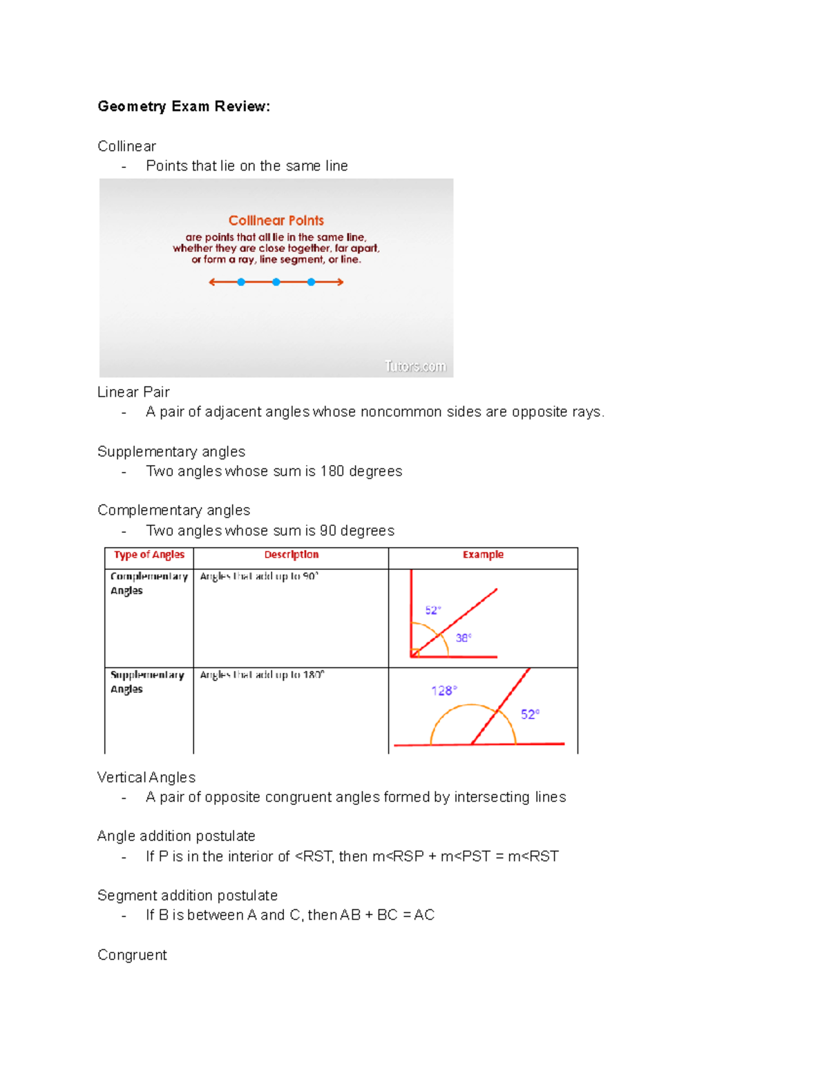 Geometry Exam Review - Lecture notes 10 - Geometry Exam Review ...
