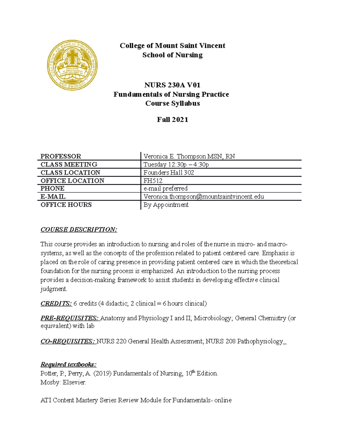 Nursing Fundamentals Course Syllabus 2022 - College of Mount Saint ...