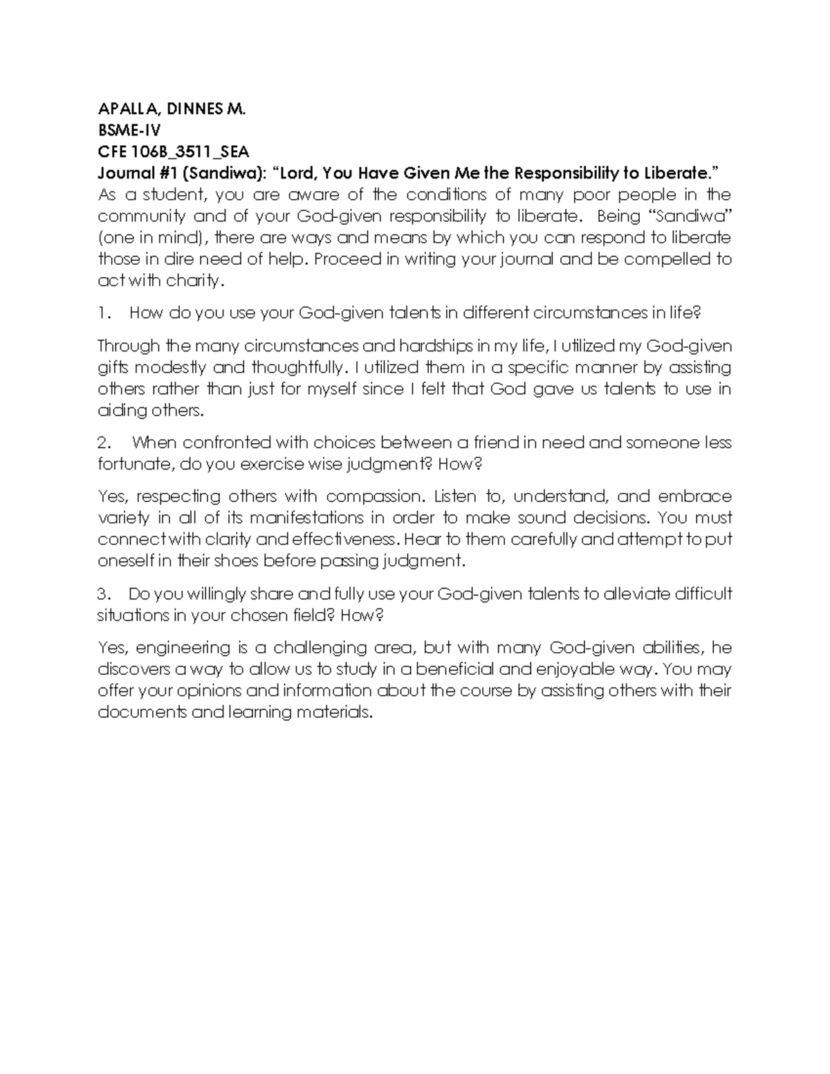 Apalla, Dinnes M. Journal #1 (Sandiwa) - APALLA, DINNES M. BSME-IV CFE ...