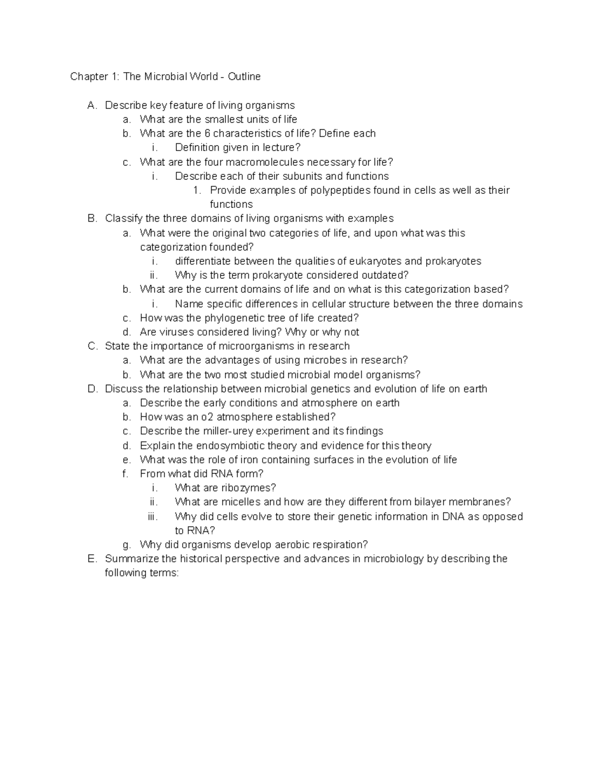 Microbio CH 1 - Chapter 1: The Microbial World - Outline A. Describe ...